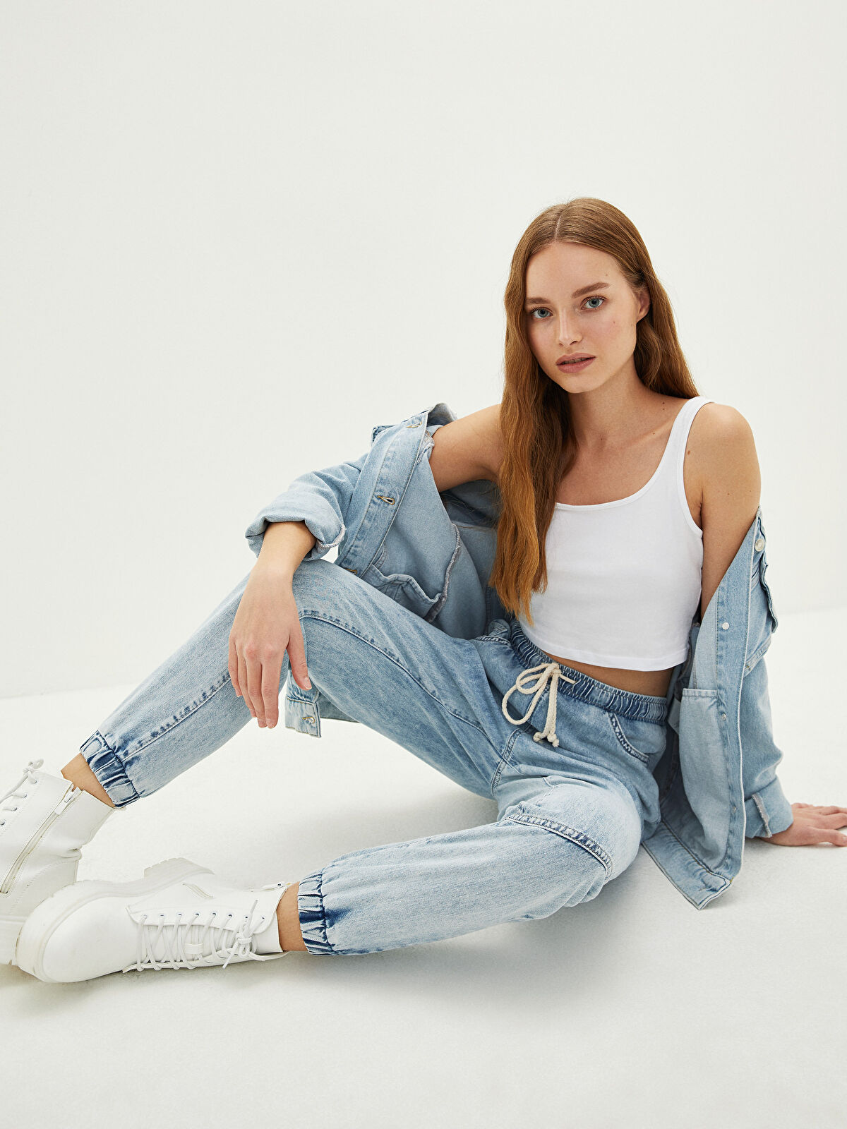 Yüksek Bel Lastikli Mom Fit Düz Kadın Jogger Rodeo Jean Pantolon