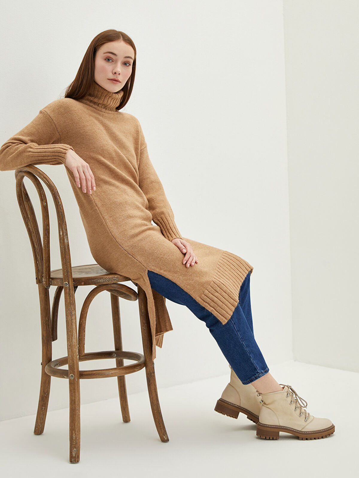 MODEST Balıkçı Yaka Düz Uzun Kollu Oversize Kadın Triko Tunik