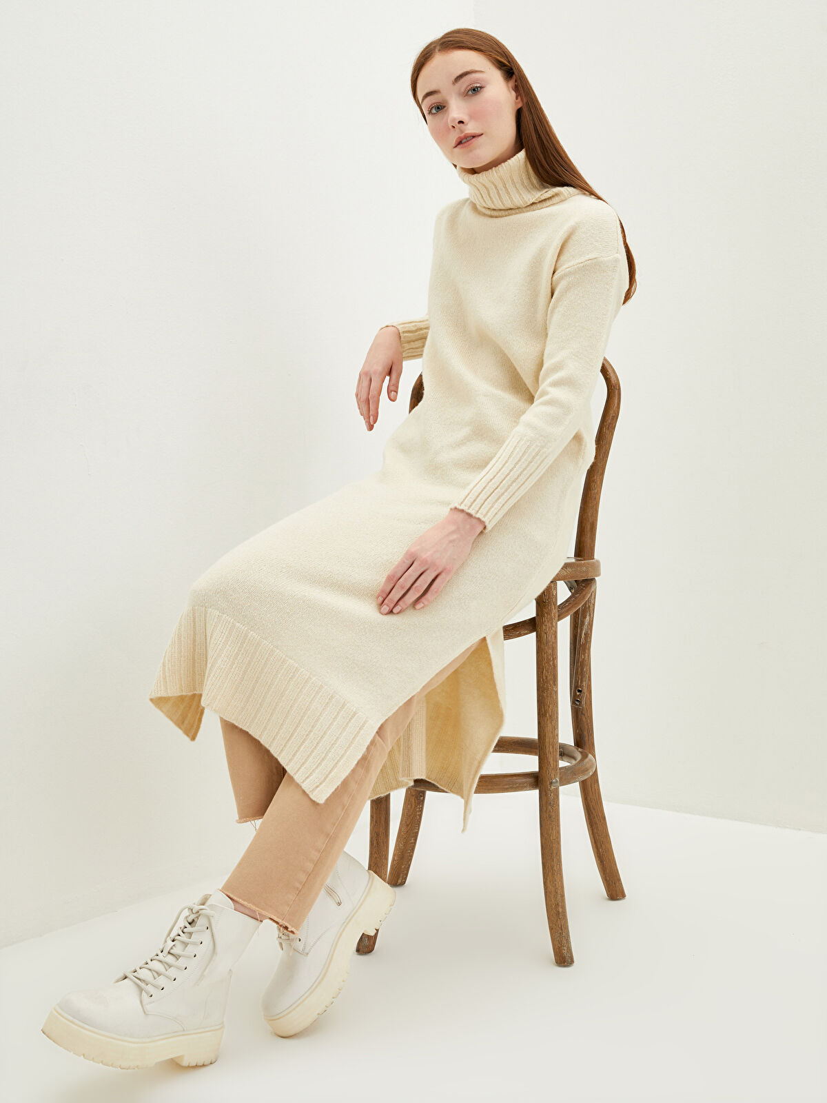 MODEST Balıkçı Yaka Düz Uzun Kollu Oversize Kadın Triko Tunik