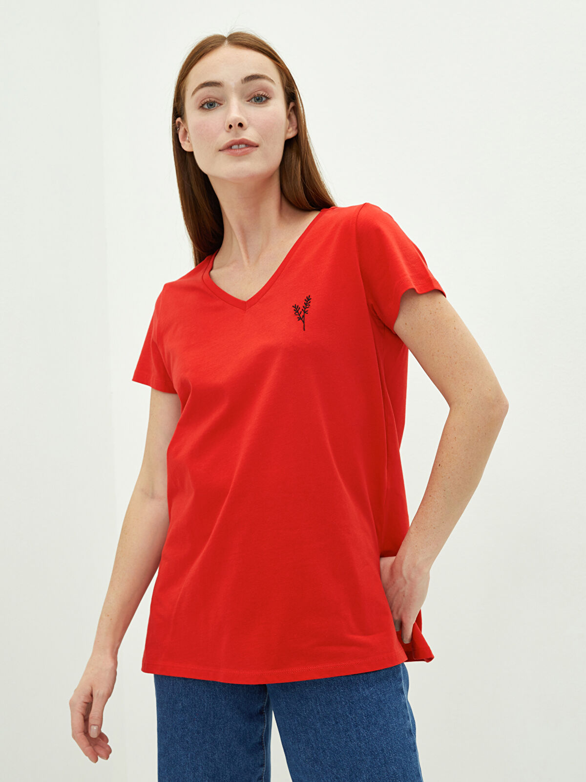 LCW CLASSIC V Yaka Nakışlı Kısa Kollu Pamuklu Kadın Tişört