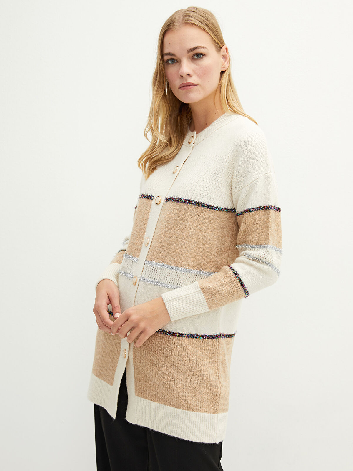 LCW CLASSIC Bisiklet Yaka Renk Bloklu Uzun Kollu Kadın Triko Hırka