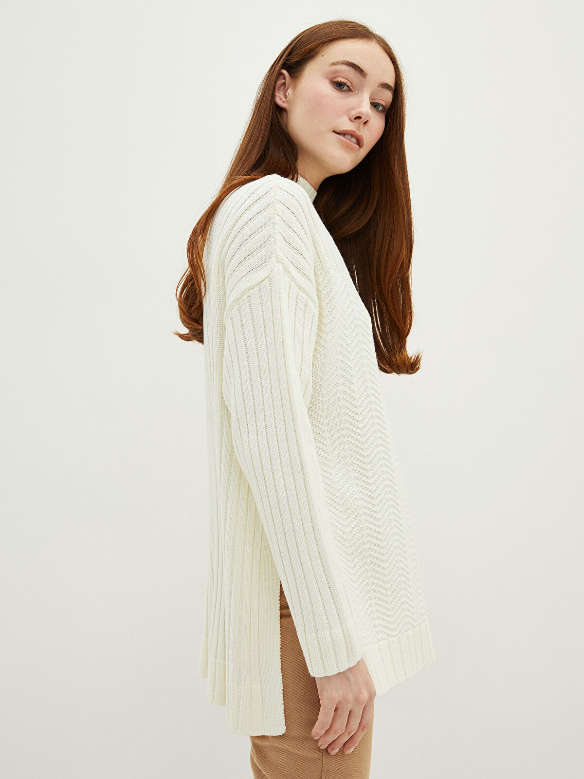 LCW CLASSIC Yarım Balıkçı Kendinden Desenli Uzun Kollu Kadın Triko Tunik