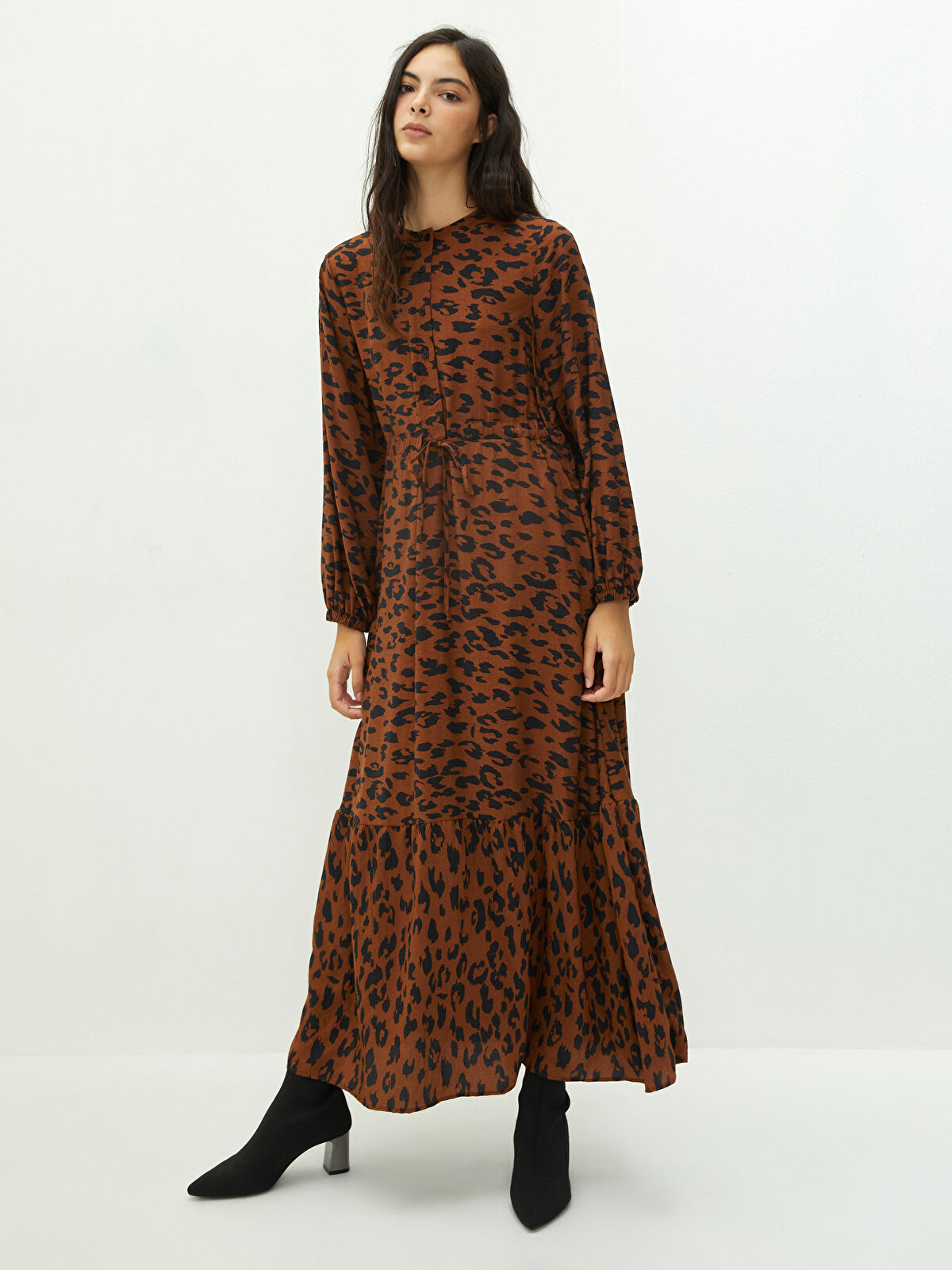 MODEST Bisiklet Yaka Desenli Beli Bağlama Detaylı Uzun Kollu Kadın Elbise