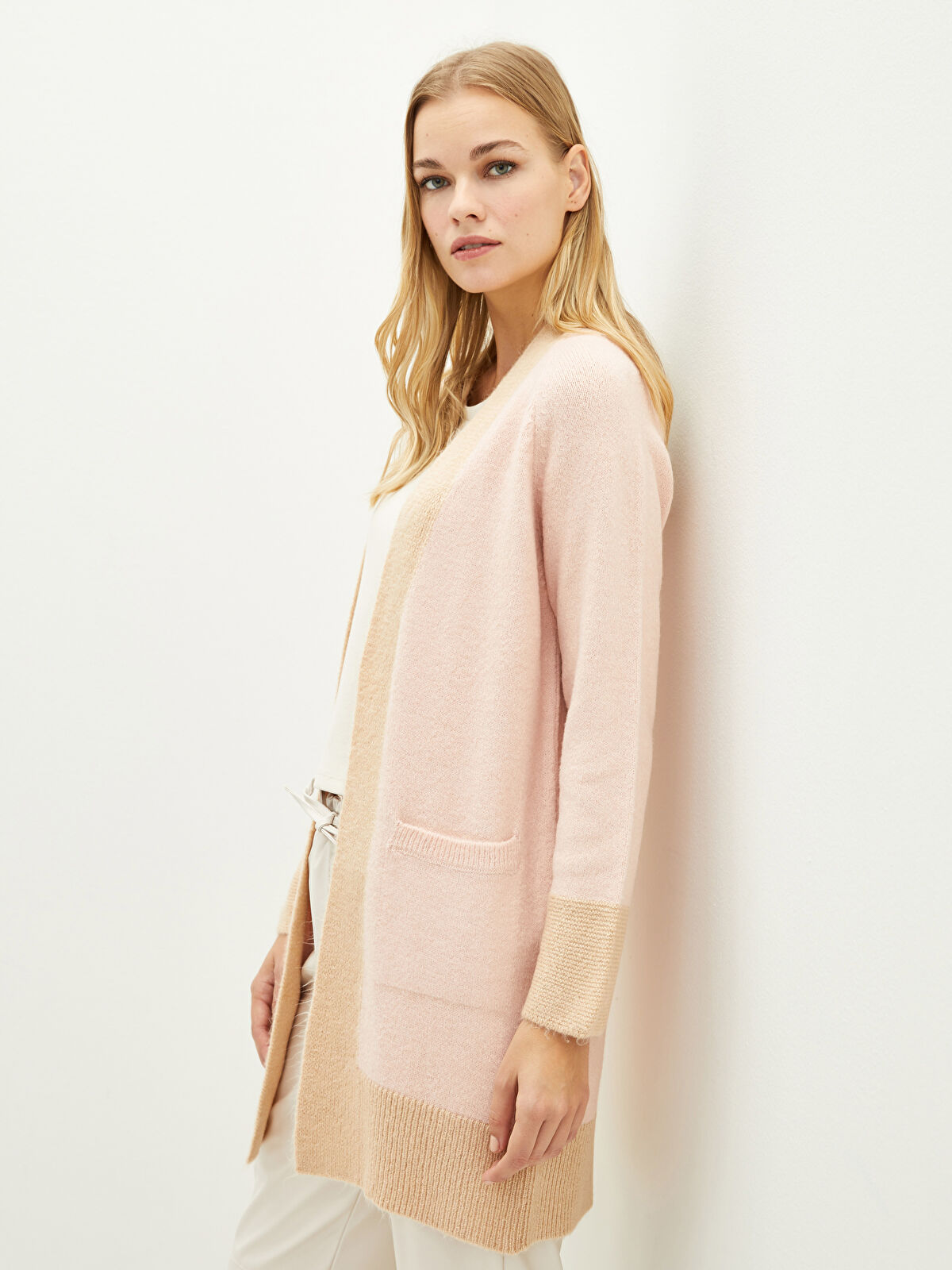 LCW CLASSIC Şal Yaka Renk Bloklu Uzun Kollu Kadın Triko Hırka