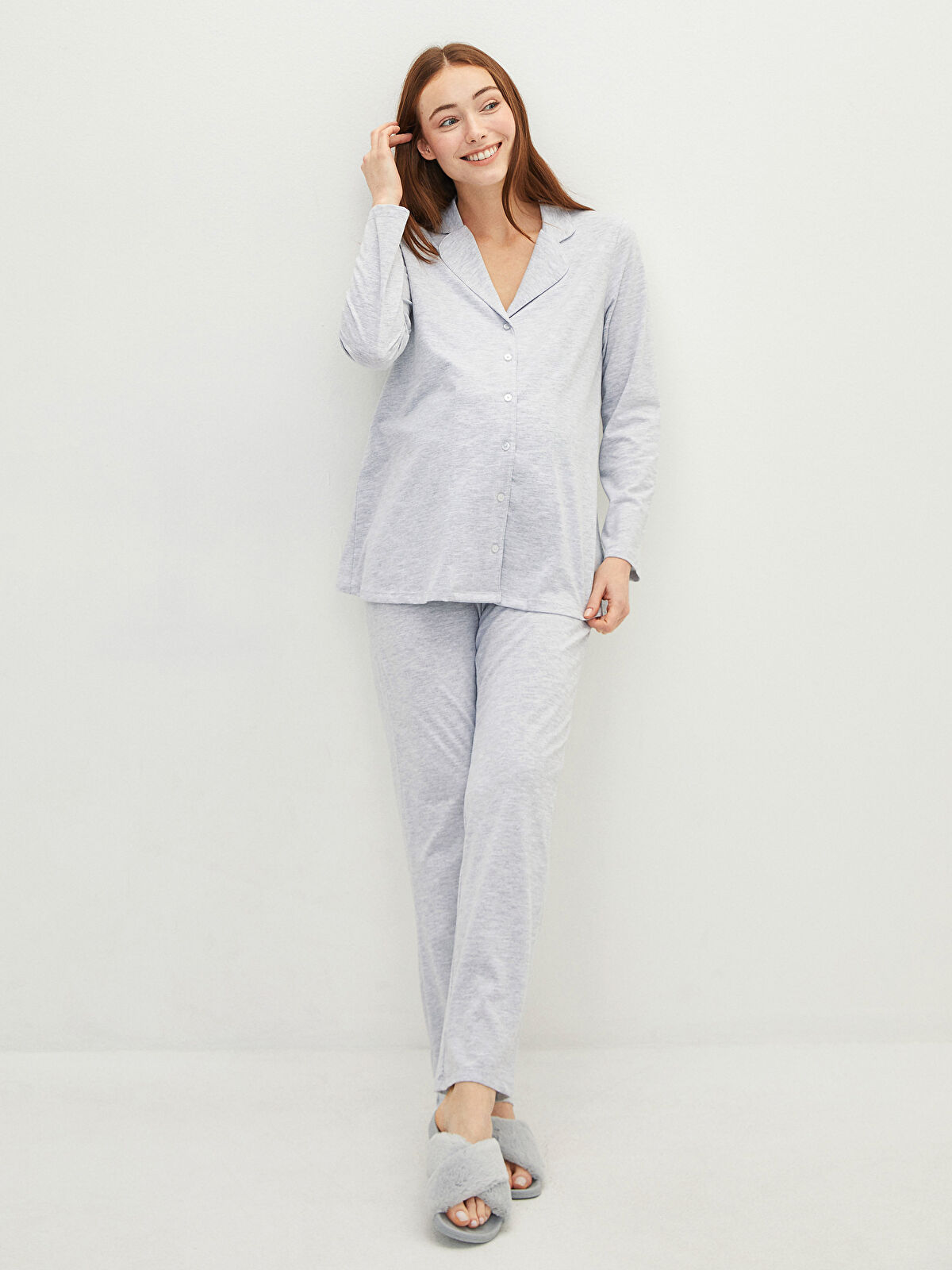 LCW DREAM Gömlek Yaka Düz Uzun Kollu Pamuklu Hamile Pijama Takımı
