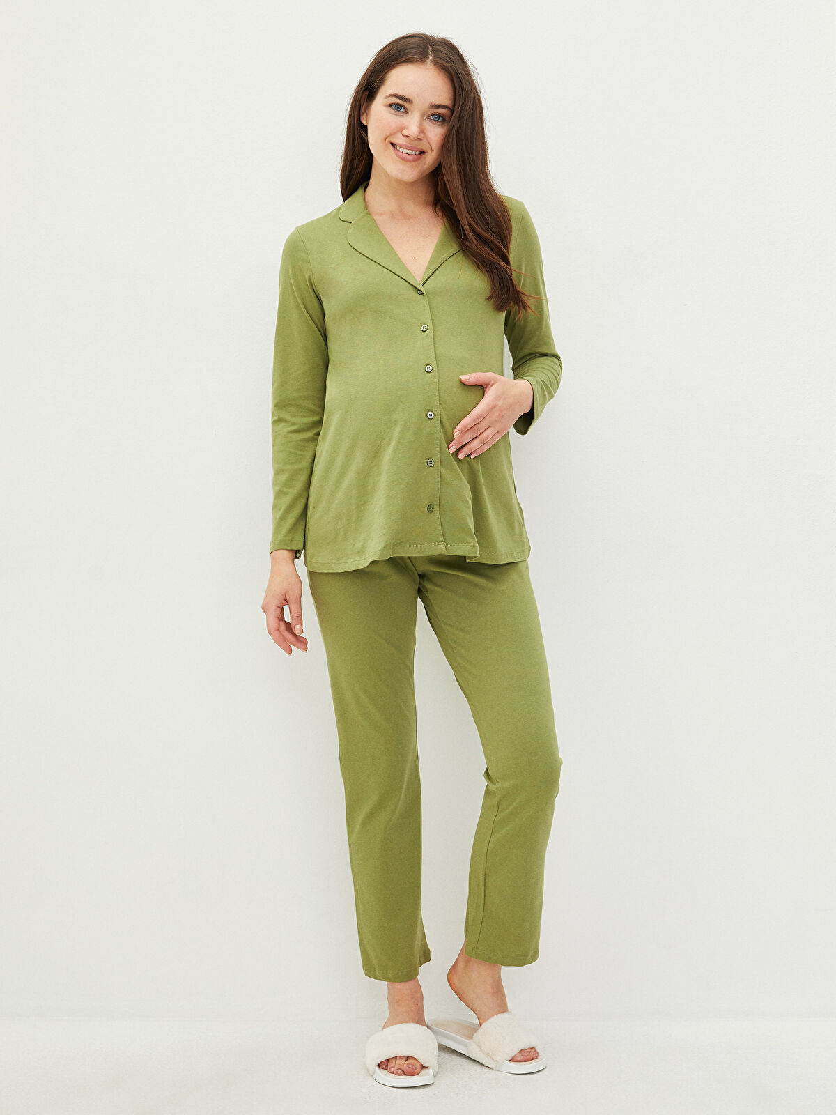 LCW DREAM Gömlek Yaka Düz Uzun Kollu Pamuklu Hamile Pijama Takımı