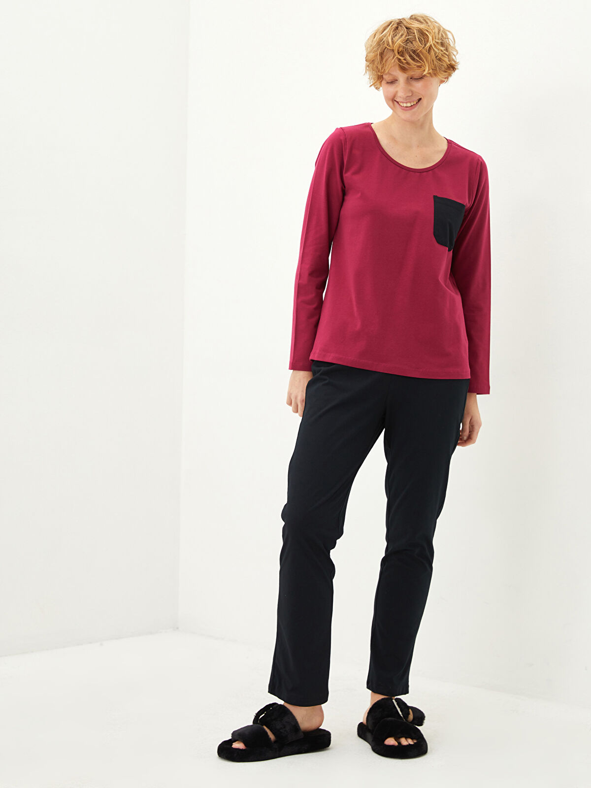 LCW DREAM Bisiklet Yaka Puantiyeli Uzun Kollu Pamuklu Kadın Pijama Takımı