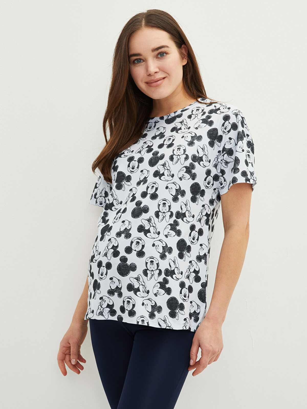 Bisiklet Yaka Mickey Mouse Baskılı Kısa Kollu Pamuklu Hamile Tişört