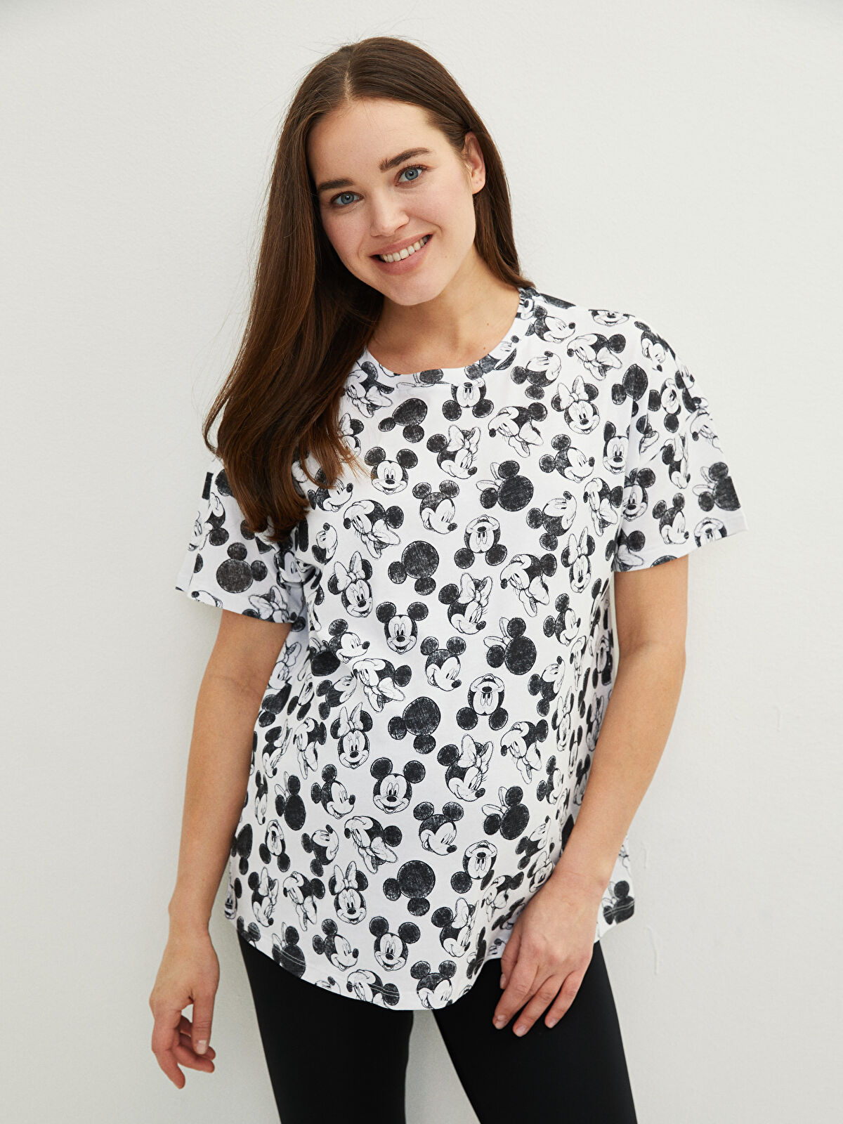 Bisiklet Yaka Mickey Mouse Baskılı Kısa Kollu Pamuklu Hamile Tişört