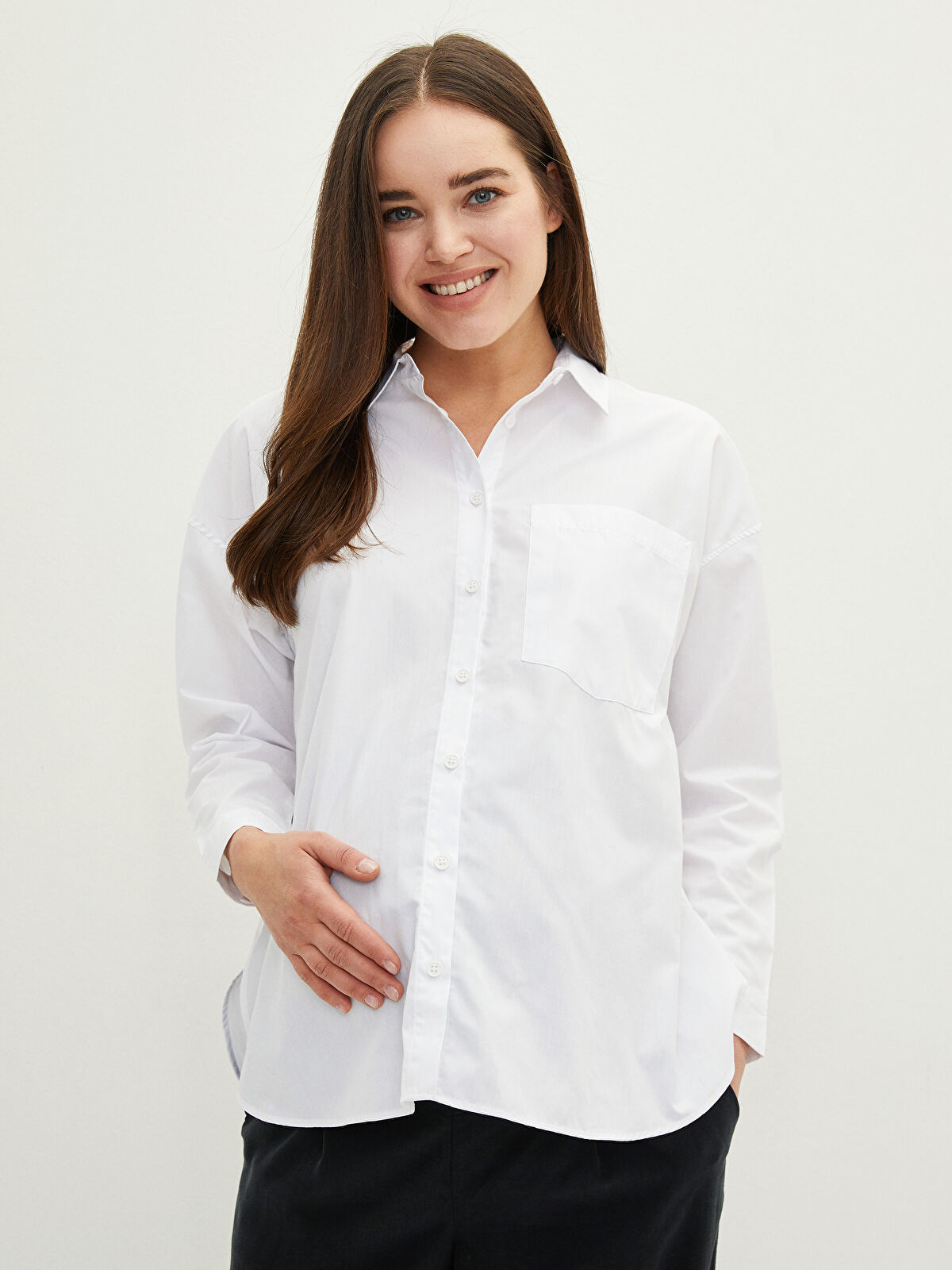 Önden Düğme Kapamalı Cep Detaylı Uzun Kollu Poplin Hamile Gömlek