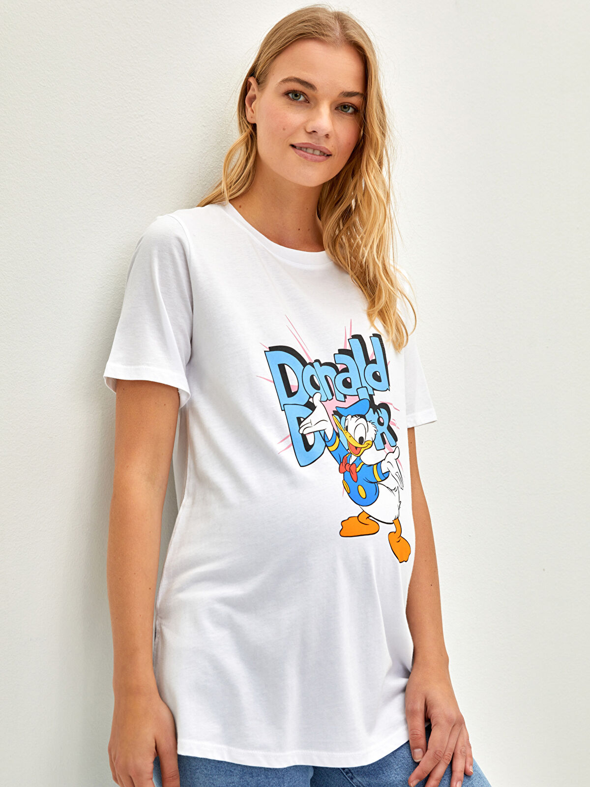 Bisiklet Yaka Donald Duck Baskılı Kısa Kollu Pamuklu Hamile Tişört