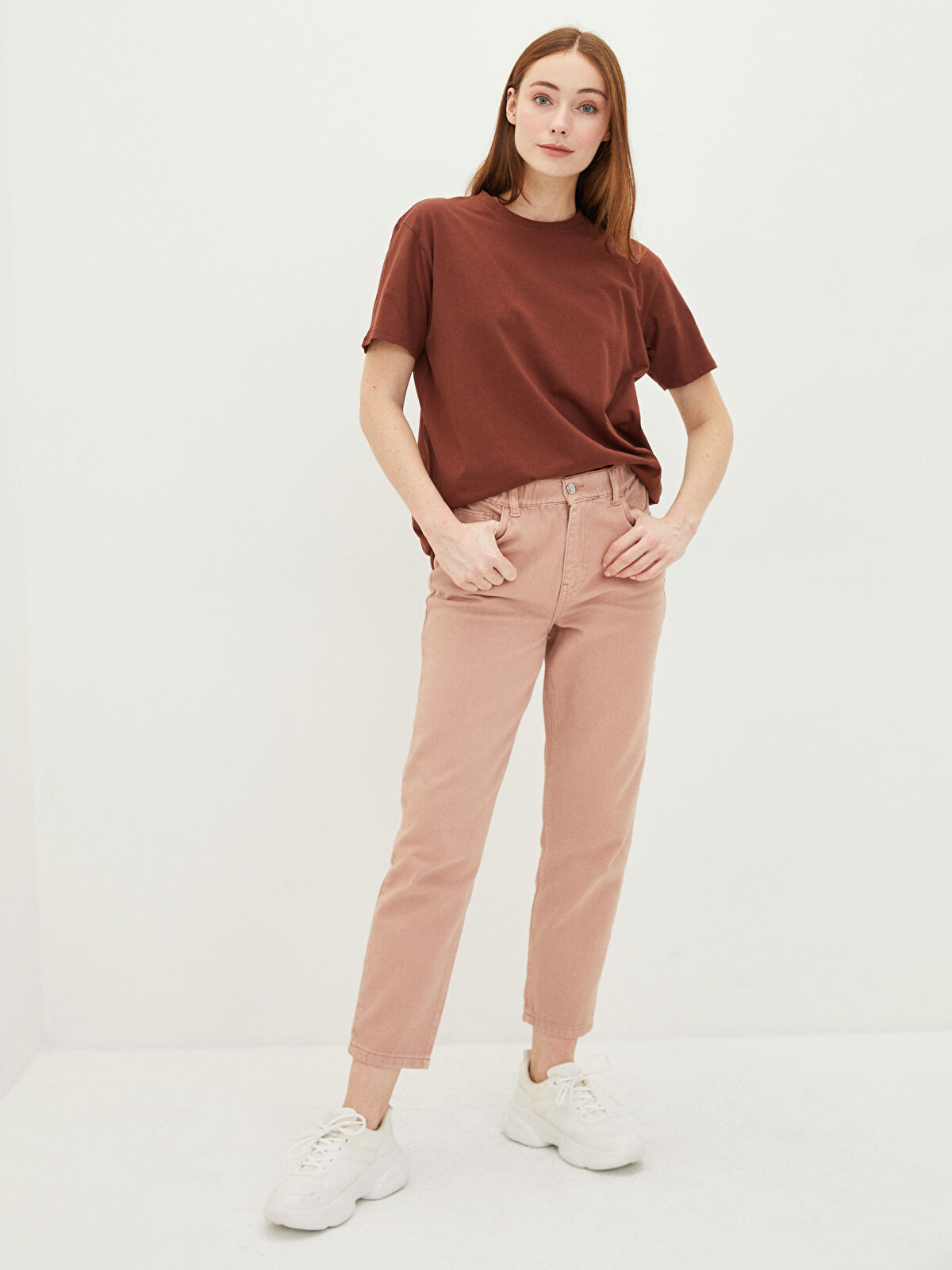MODEST Beli Lastikli Düz Mom Fit Gabardin Kumaş Kadın Pantolon