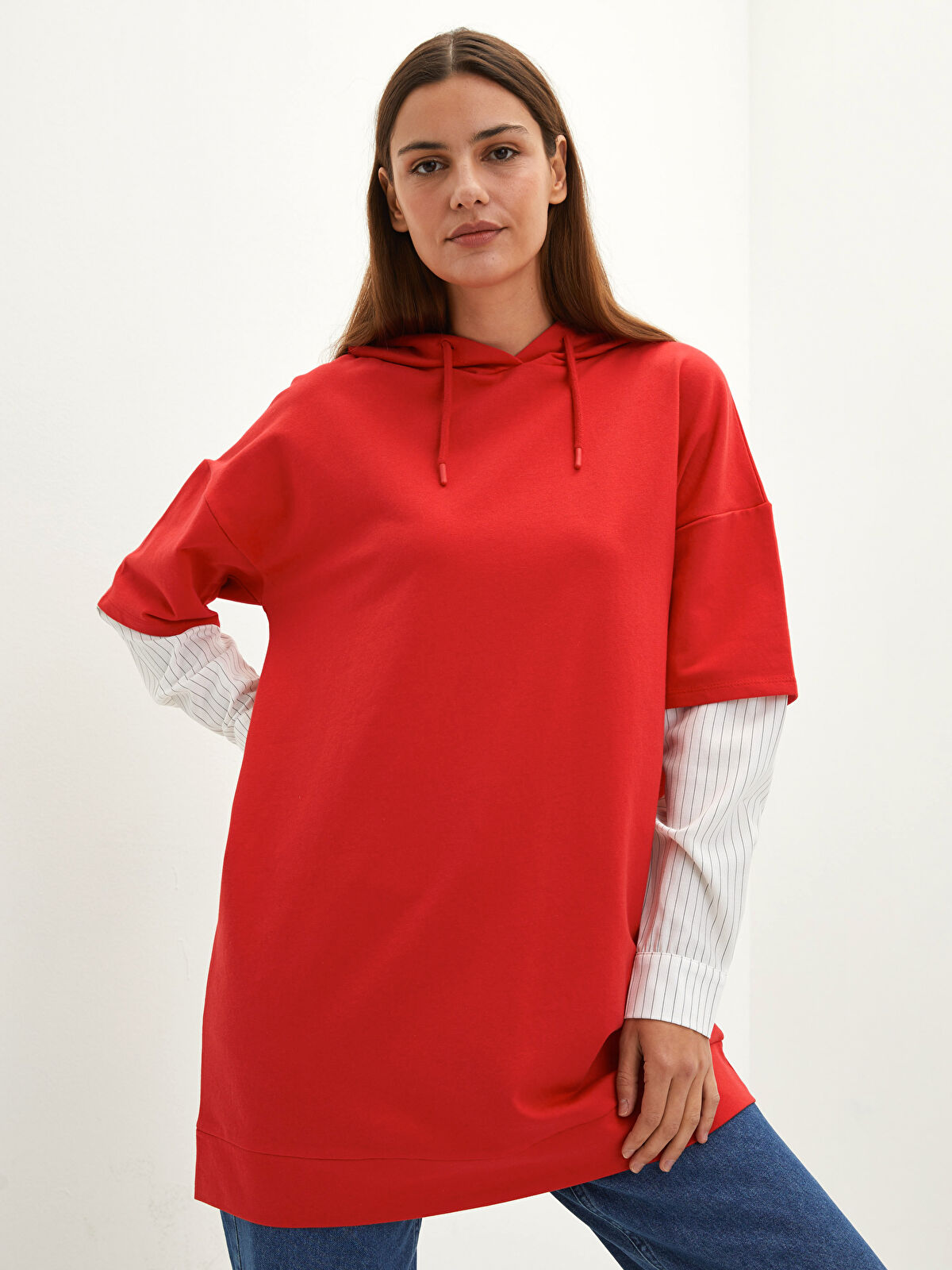 MODEST Kapüşonlu Çizgili Uzun Kollu Kadın Tunik