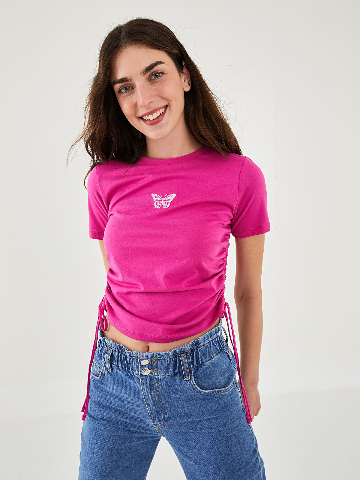 XSIDE Bisiklet Yaka Nakışlı Kısa Kollu Pamuklu Kadın Bluz