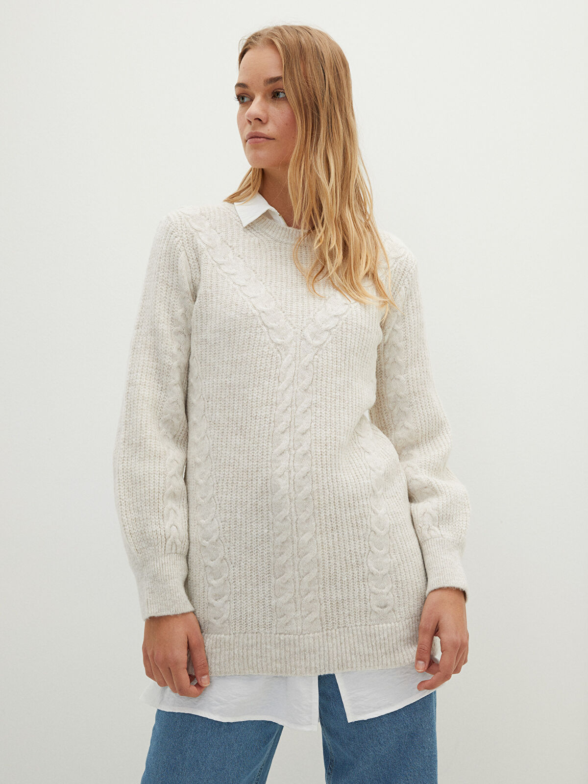 LCW CLASSIC Bisiklet Yaka Kendinden Desenli Uzun Kollu Kadın Triko Tunik