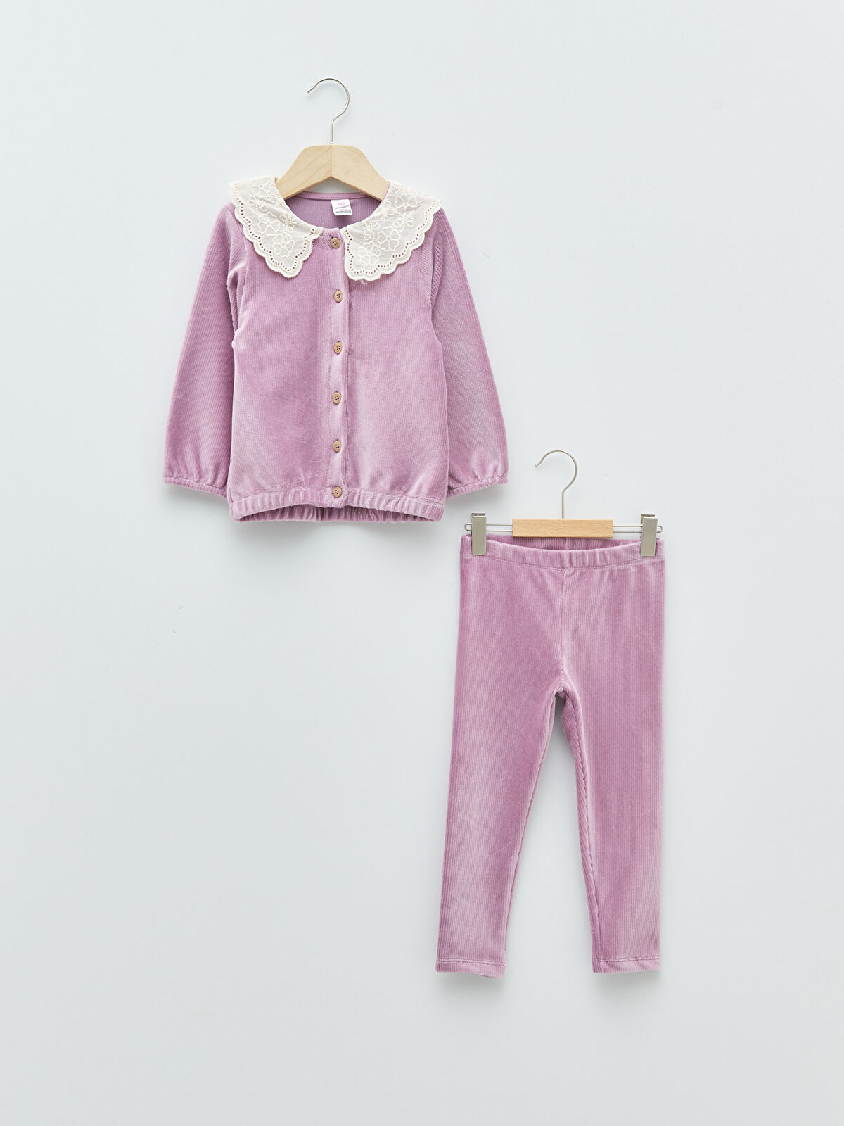 Bebe Yaka Uzun Kollu Basic Kadife Kız Bebek Hırka ve Pantolon Tayt 2'li Takım