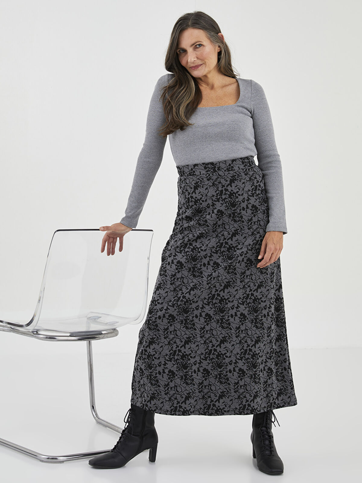 LCW GRACE Beli Lastikli Desenli A Kesim Ponte Kumaş Kadın Etek