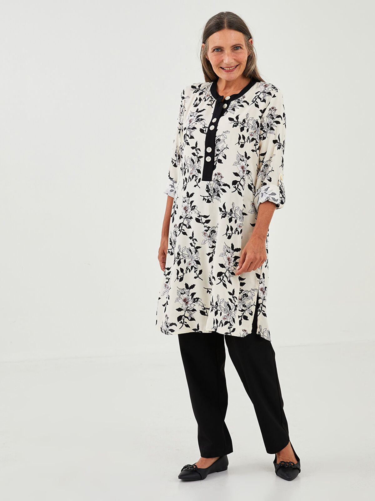 LCW GRACE Hakim Yaka Desenli Uzun Kollu Viskon Kadın Tunik