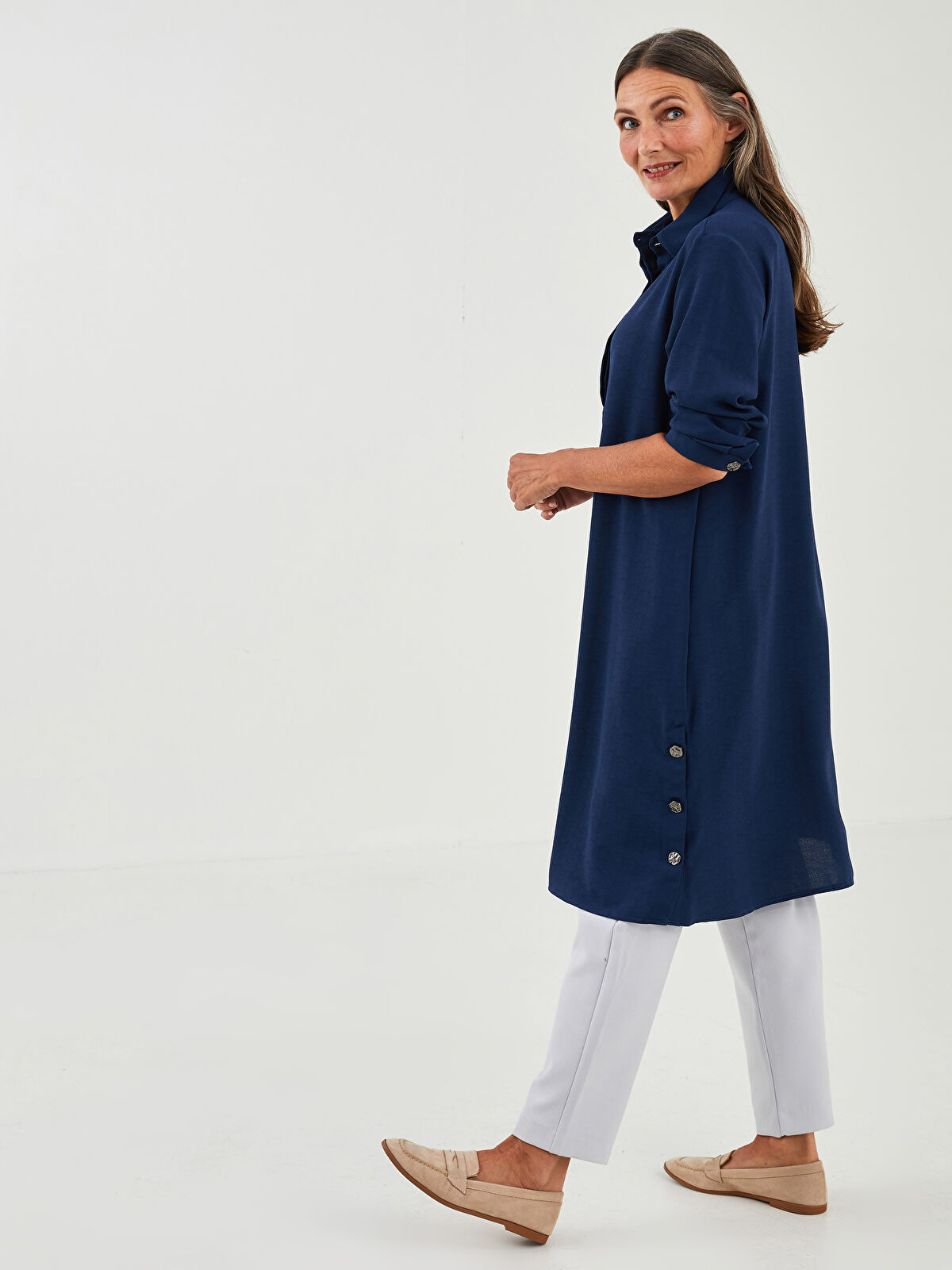 LCW GRACE Gömlek Yaka Düz Uzun Kollu Armürlü Kadın Tunik