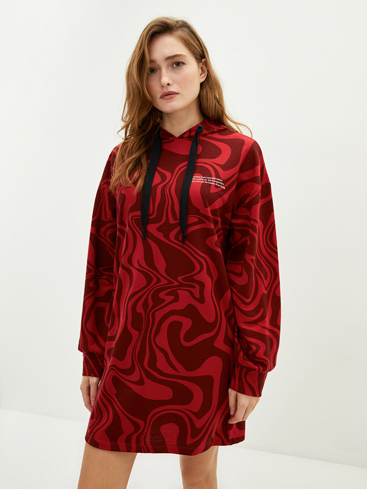 LCW GREEN Kapüşonlu Baskılı Uzun Kollu Kadın Elbise