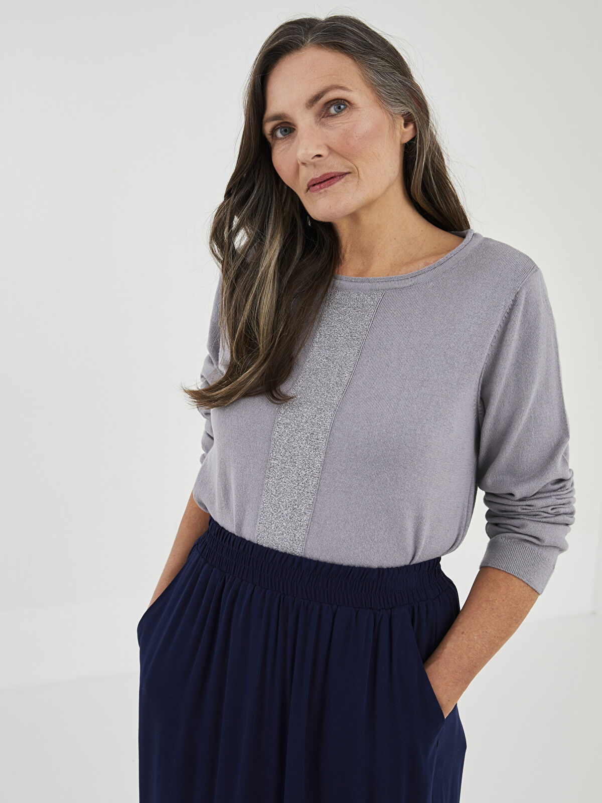 LCW GRACE Bisiklet Yaka Şerit Detaylı Kadın Triko Kazak