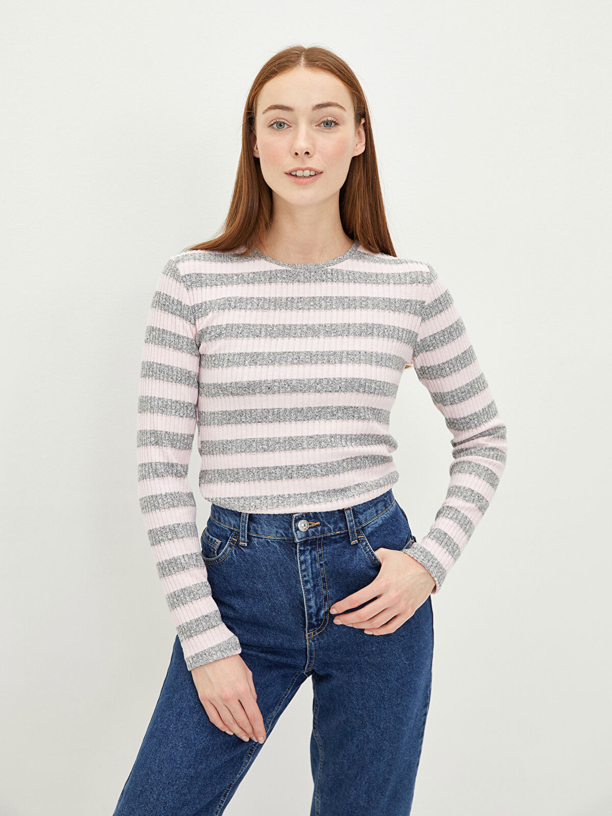 LCW CLASSIC Bisiklet Yaka Çizgili Uzun Kollu Kaşkorse Kumaş Kadın Kazak