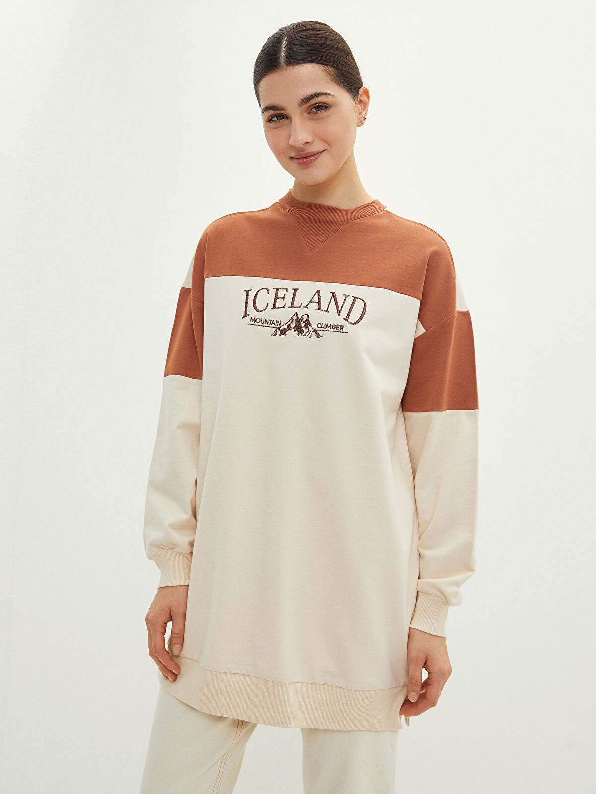 MODEST Bisiklet Yaka Renk Bloklu Uzun Kollu Pamuklu Kadın Tunik