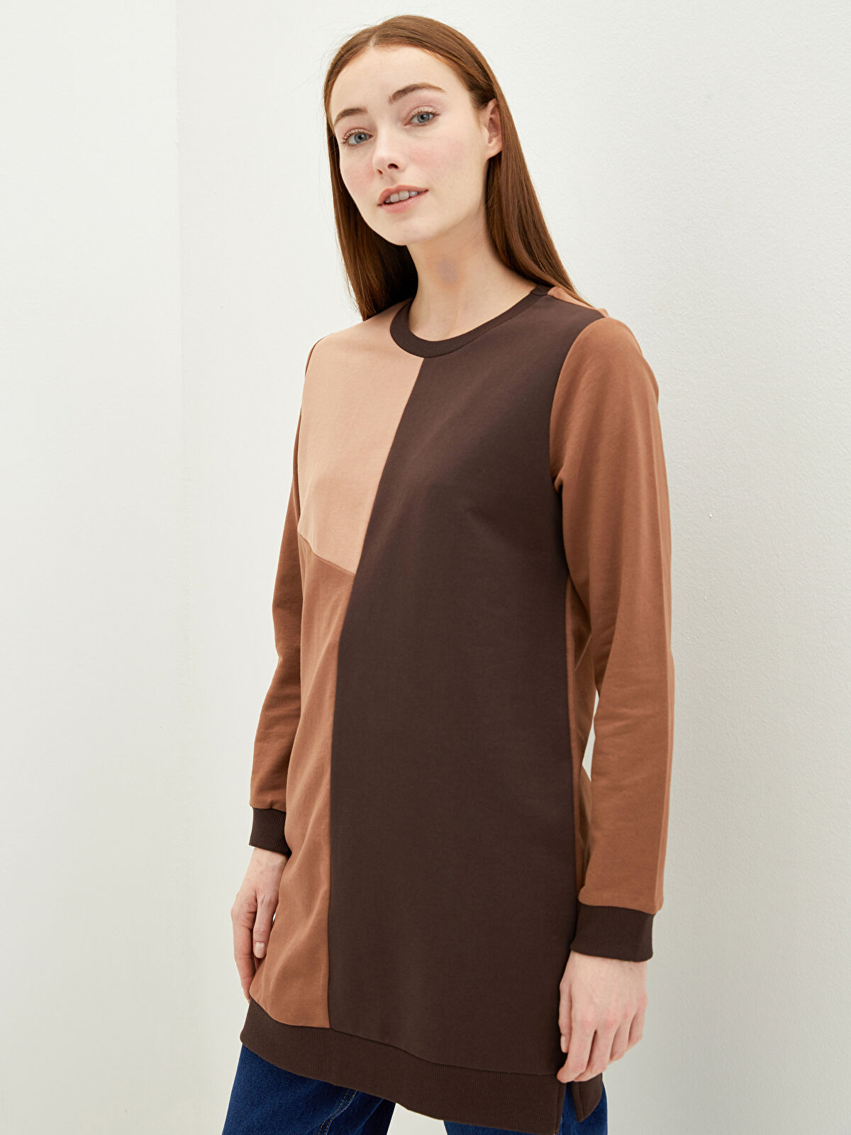 LCW GREEN Bisiklet Yaka Renk Bloklu Uzun Kollu Kadın Tunik