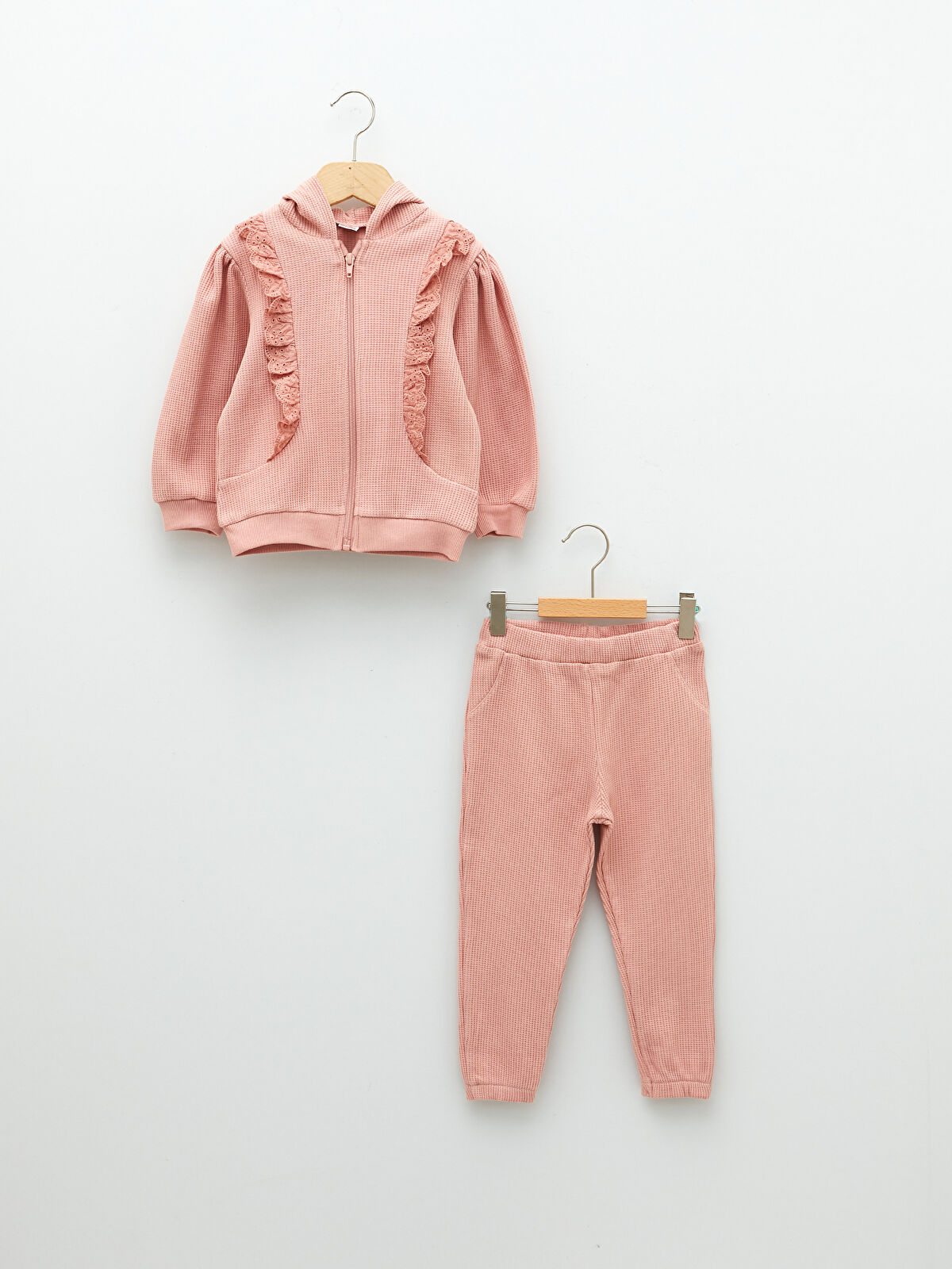 Kapüşonlu Uzun Kollu Basic Kız Bebek Fermuarlı Sweatshirt ve Pantolon 2'li Takım