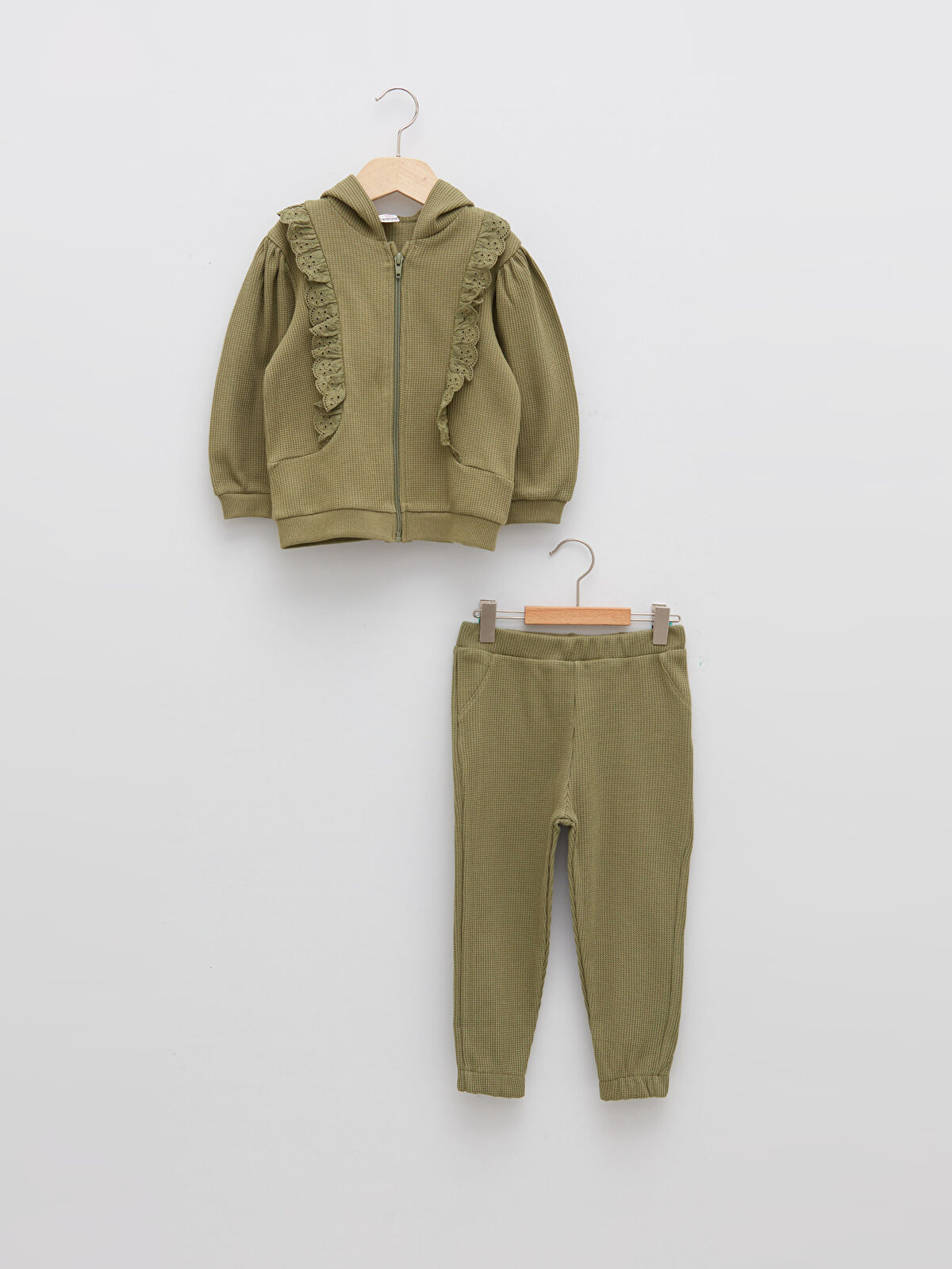 Kapüşonlu Uzun Kollu Basic Kız Bebek Fermuarlı Sweatshirt ve Pantolon 2'li Takım