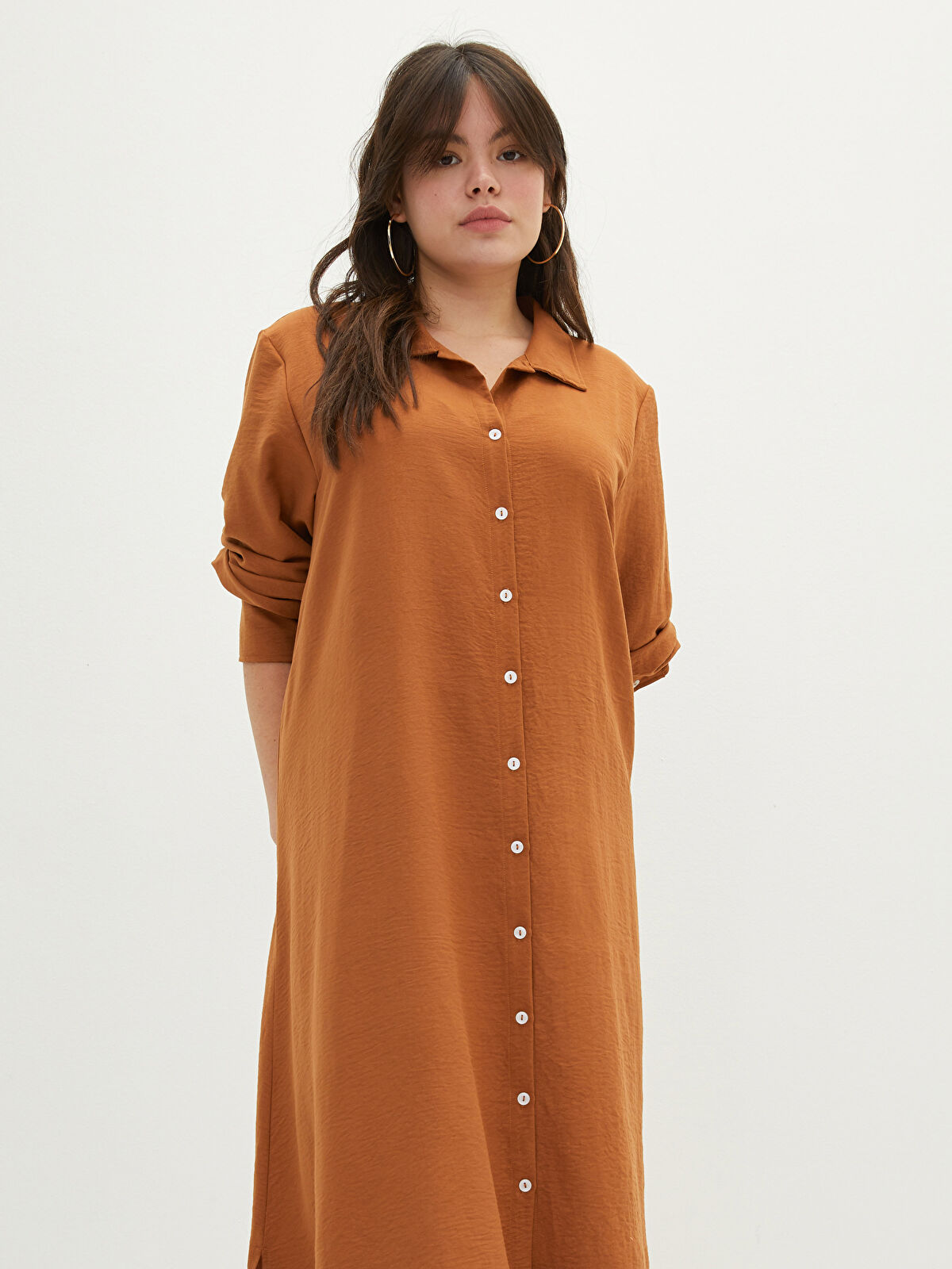 Büyük Beden Önden Düğme Kapamalı Düz Uzun Kollu Kadın Gömlek Elbise