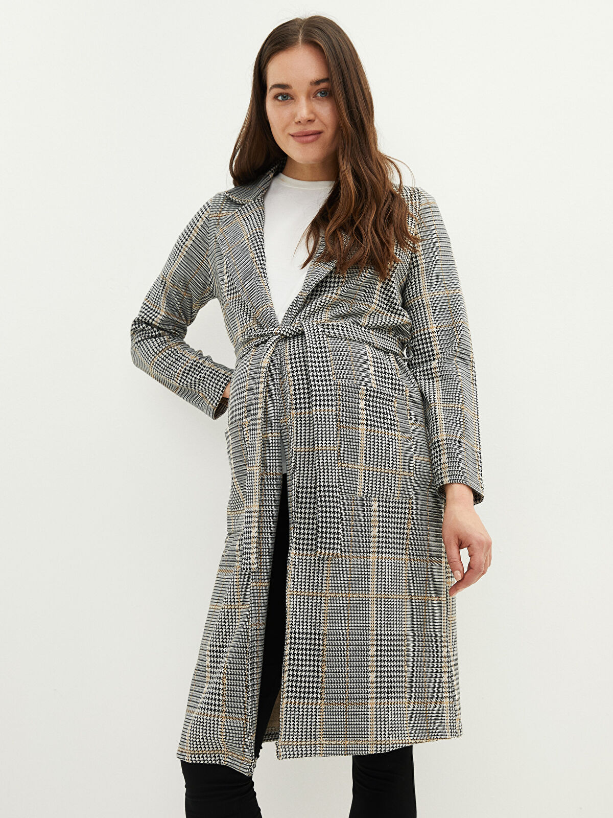 Ceket Yaka Ekose Uzun Kollu Hamile Hırka