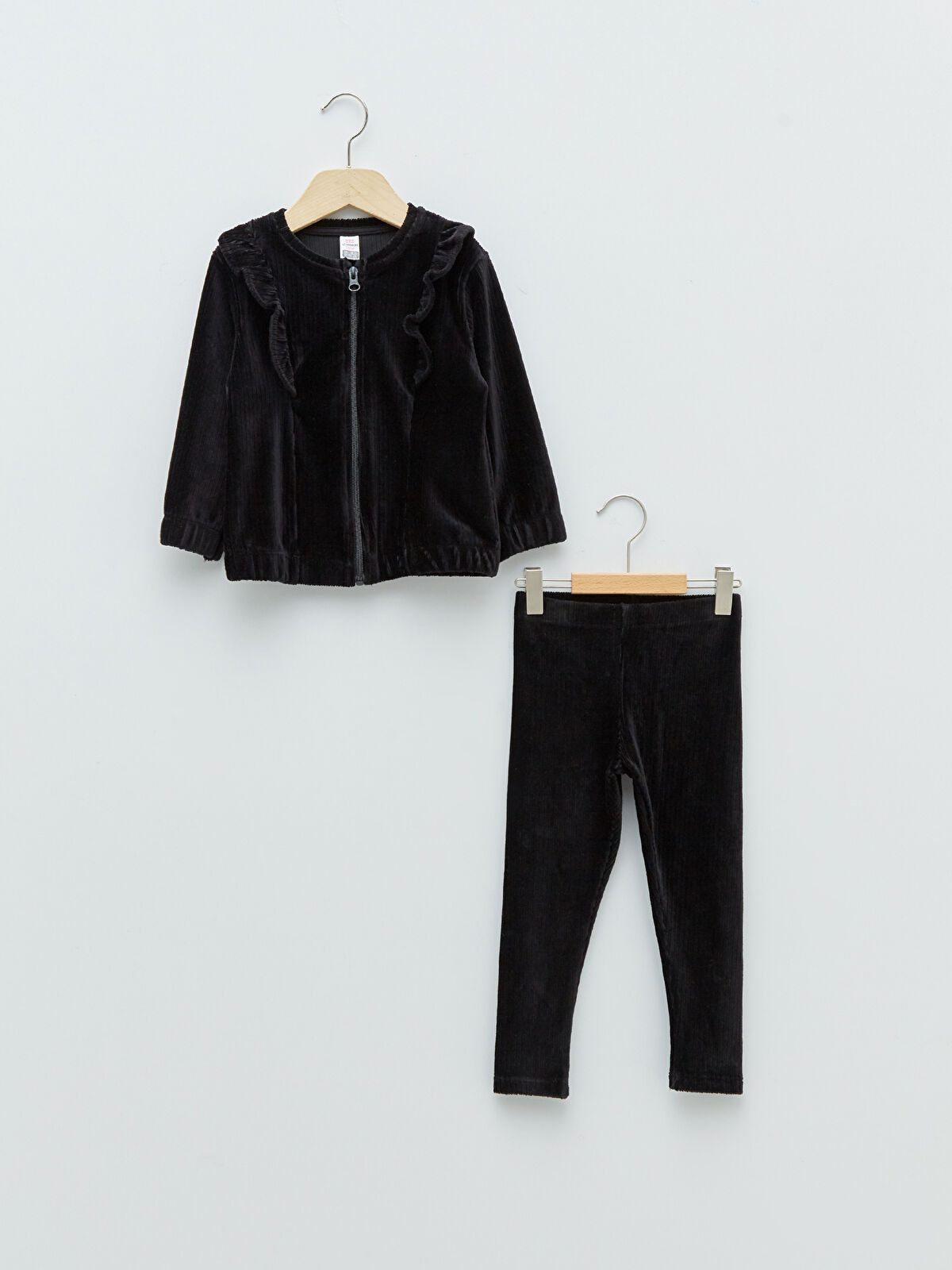 Bisiklet Yaka Uzun Kollu Basic Kadife Kız Bebek Fermuarlı Sweatshirt ve Pantolon Tayt 2'li Takım