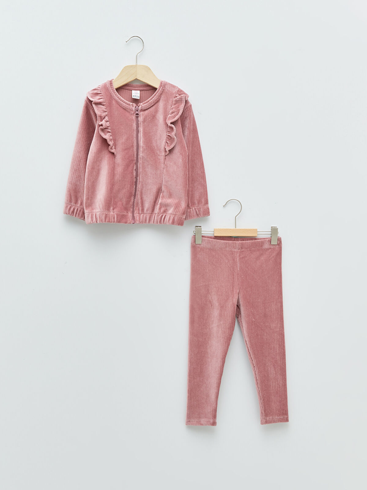 Bisiklet Yaka Uzun Kollu Basic Kadife Kız Bebek Fermuarlı Sweatshirt ve Pantolon Tayt 2'li Takım