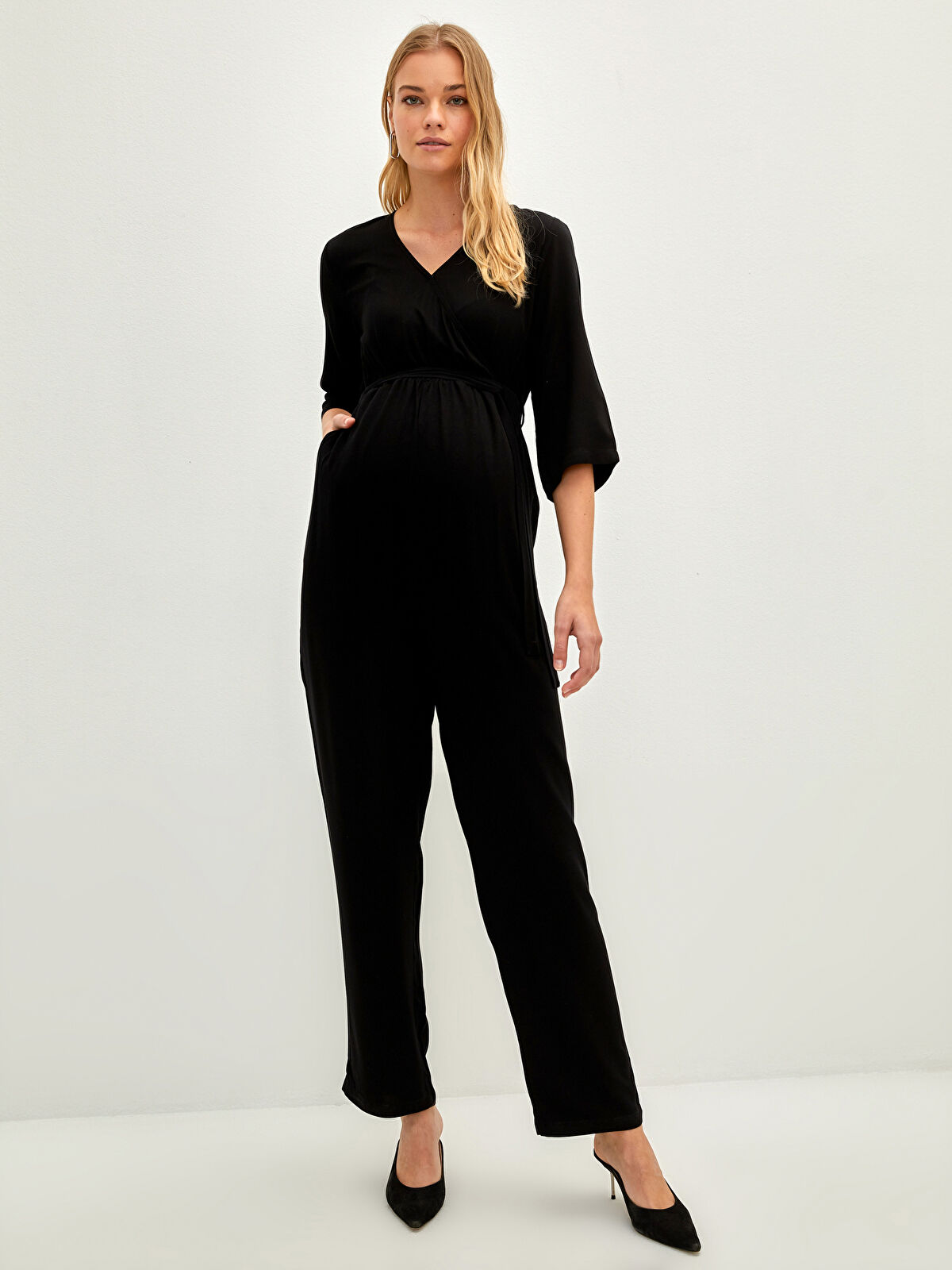 Kruvaze Yaka Düz Belmando Kumaş Hamile Tulum