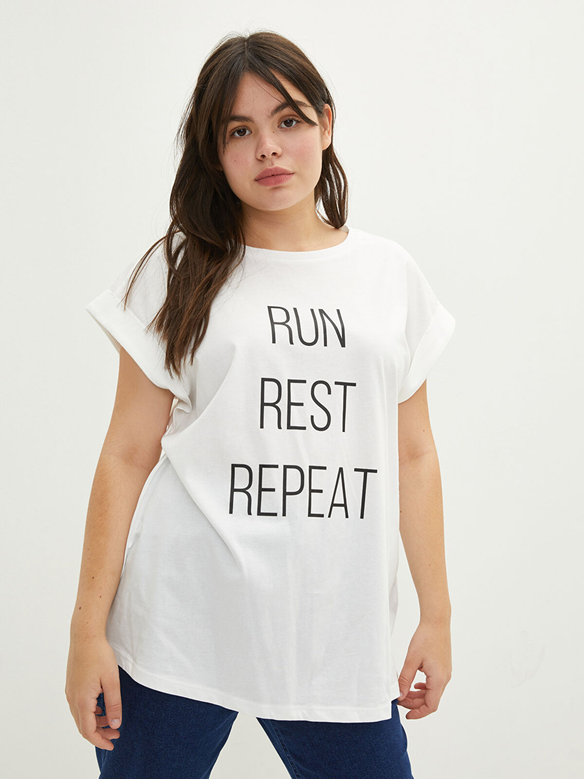 Büyük Beden Bisiklet Yaka Slogan Baskılı Pamuklu Kadın Tişört