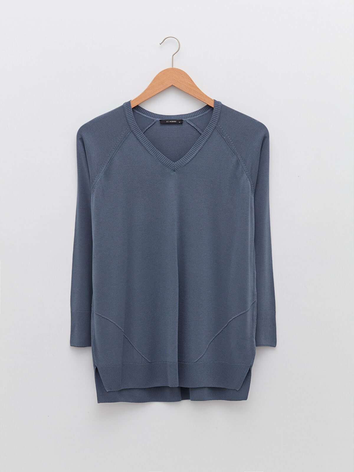 Büyük Beden V Yaka Düz Uzun Kollu Kadın Triko Kazak