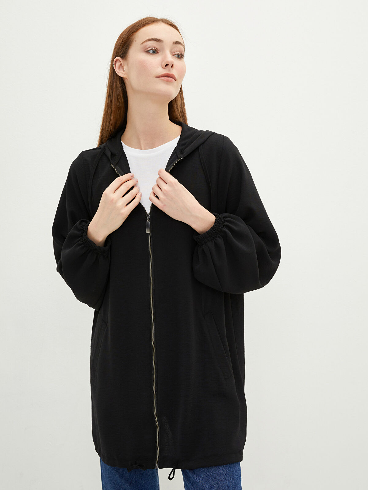 LCW CLASSIC Kapüşonlu Düz Uzun Kollu Krep Kumaş Kadın Hırka