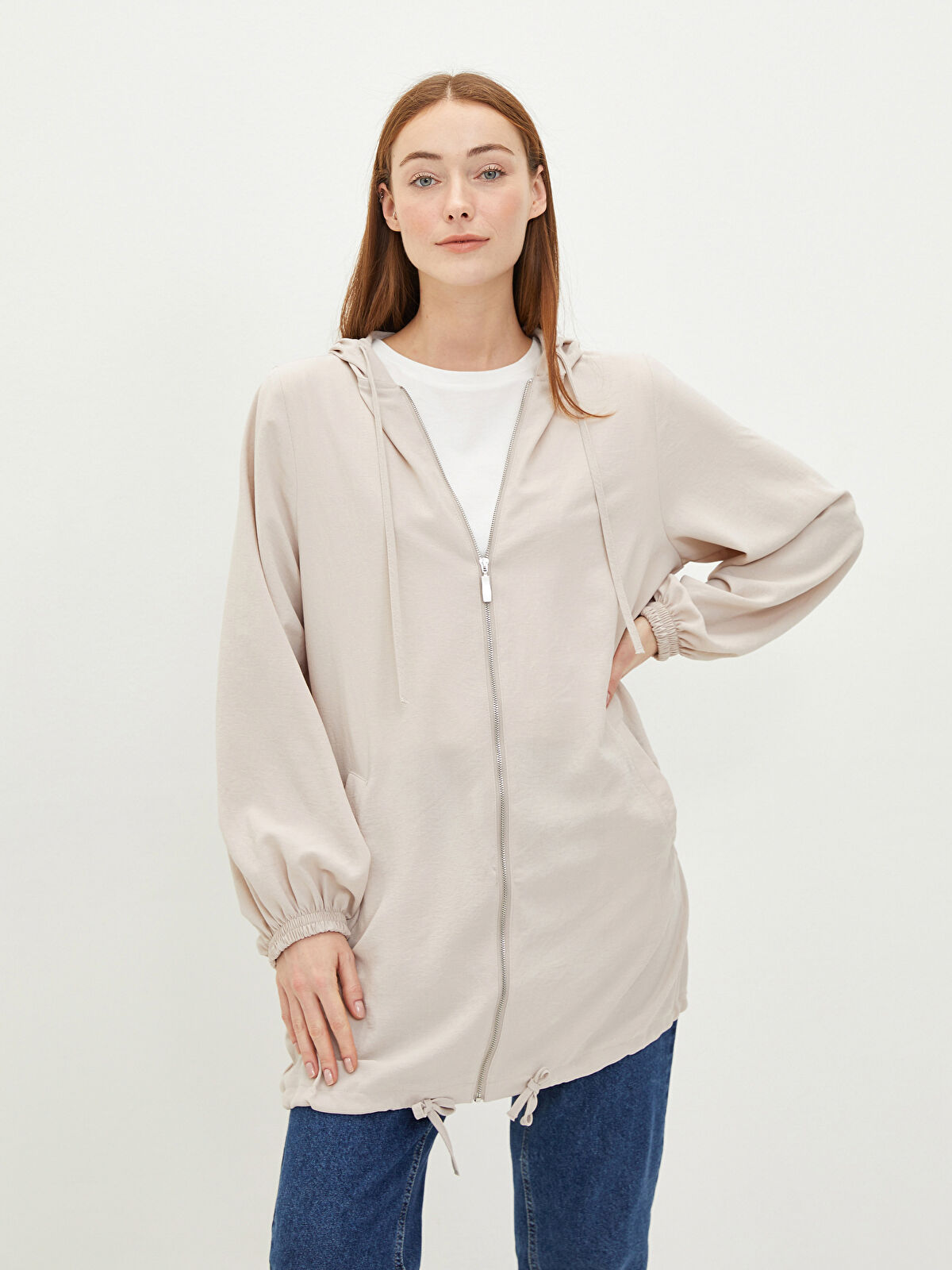 LCW CLASSIC Kapüşonlu Düz Uzun Kollu Krep Kumaş Kadın Hırka