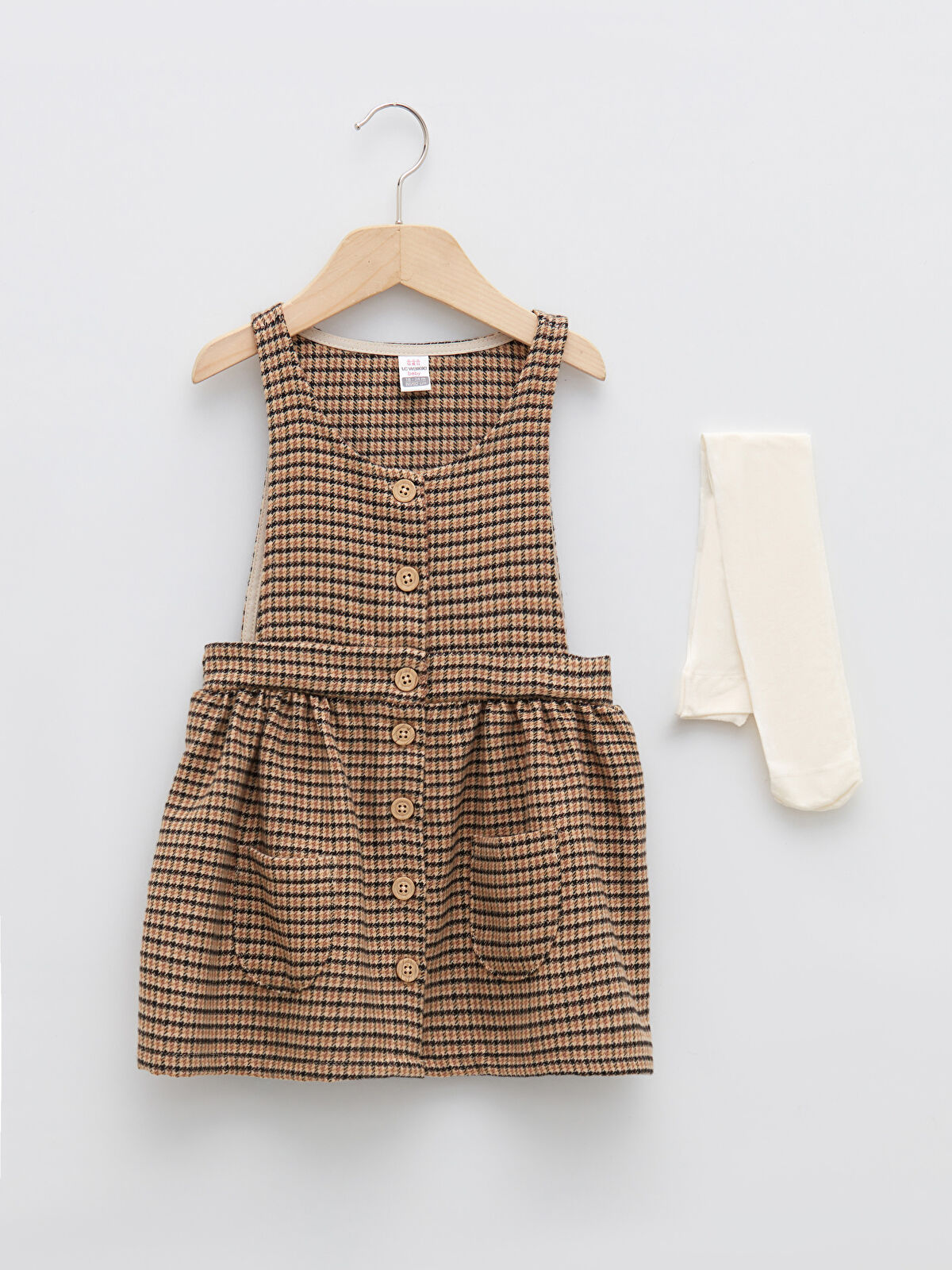 Bisiklet Yaka Kazayağı Desenli Gabardin Kız Bebek Elbise ve Külotlu Çorap 2'li Takım