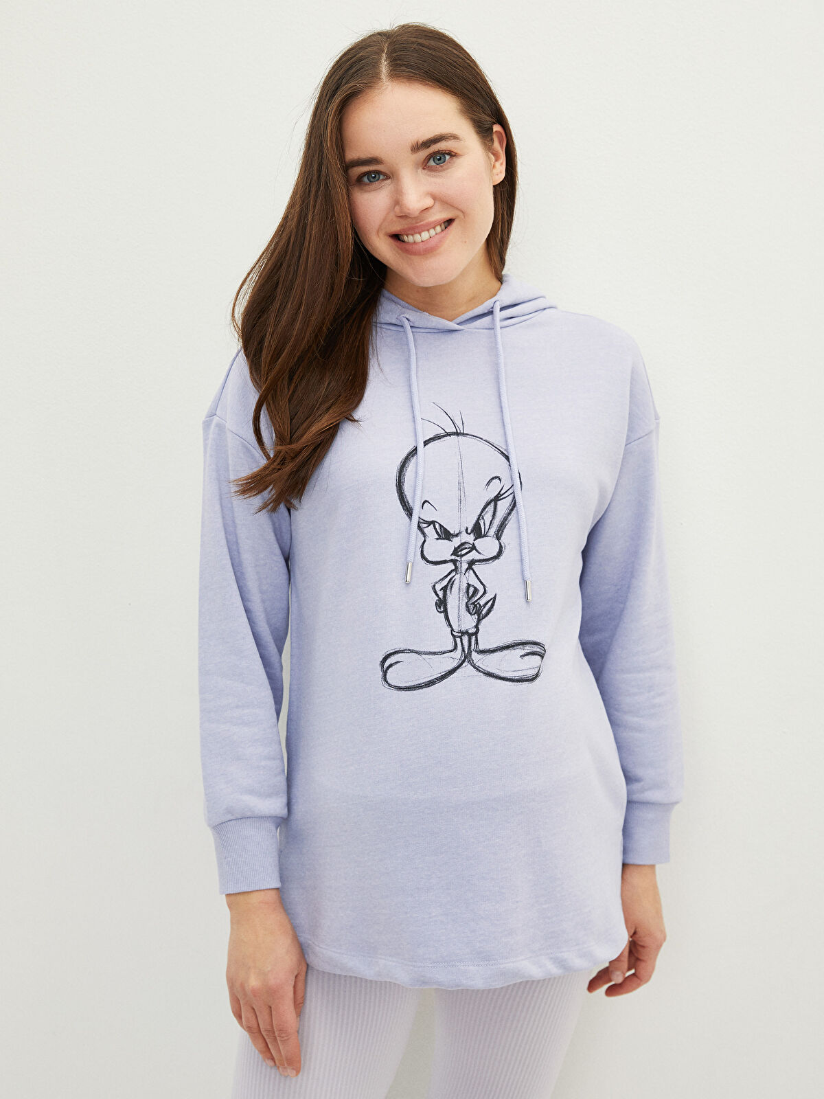 Kapüşonlu Tweety Baskılı Uzun Kollu Hamile Sweatshirt