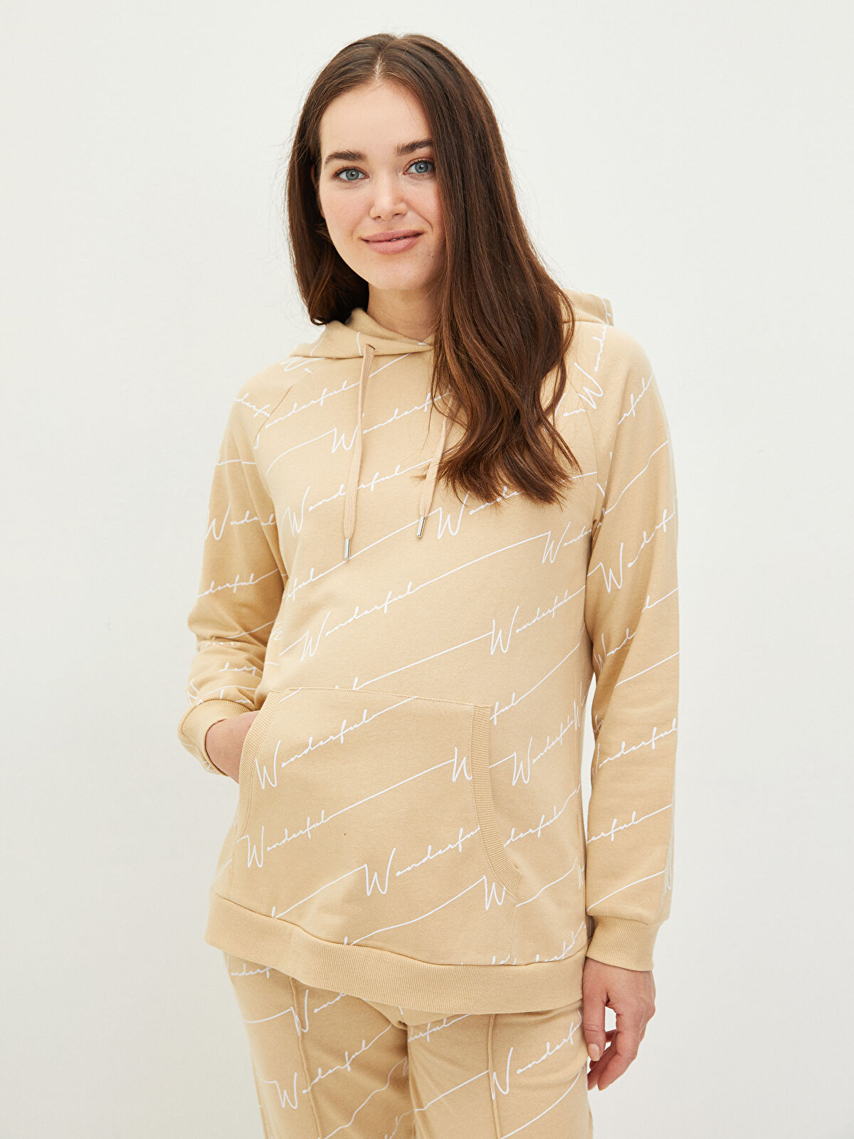 Kapüşonlu Slogan Baskılı Uzun Kollu Hamile Sweatshirt