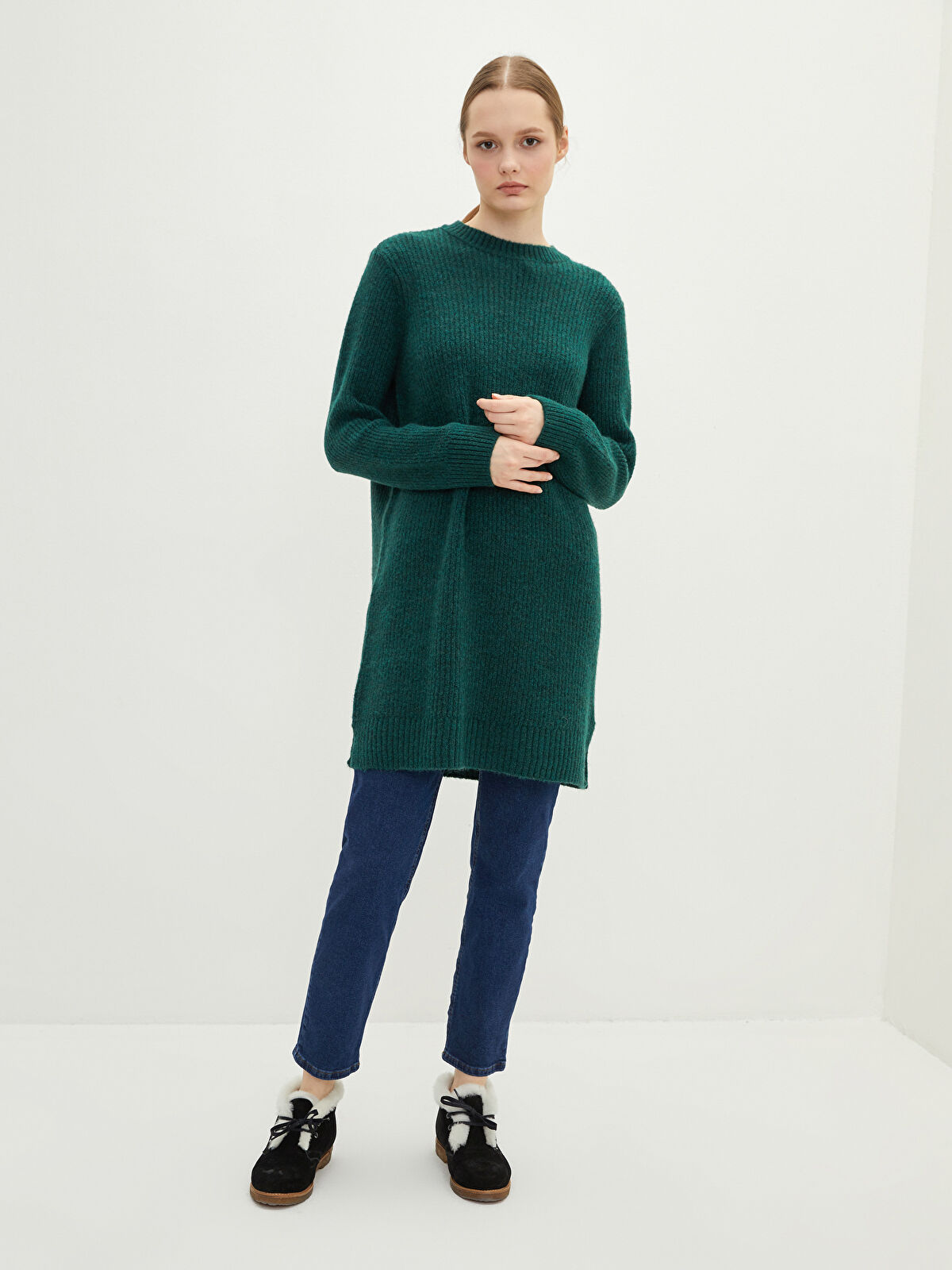 MODEST Bisiklet Yaka Şerit Detaylı Uzun Kollu Kadın Triko Tunik