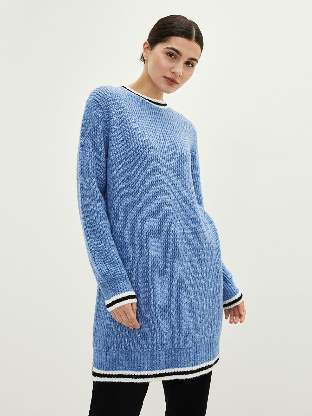 MODEST Bisiklet Yaka Şerit Detaylı Uzun Kollu Kadın Triko Tunik