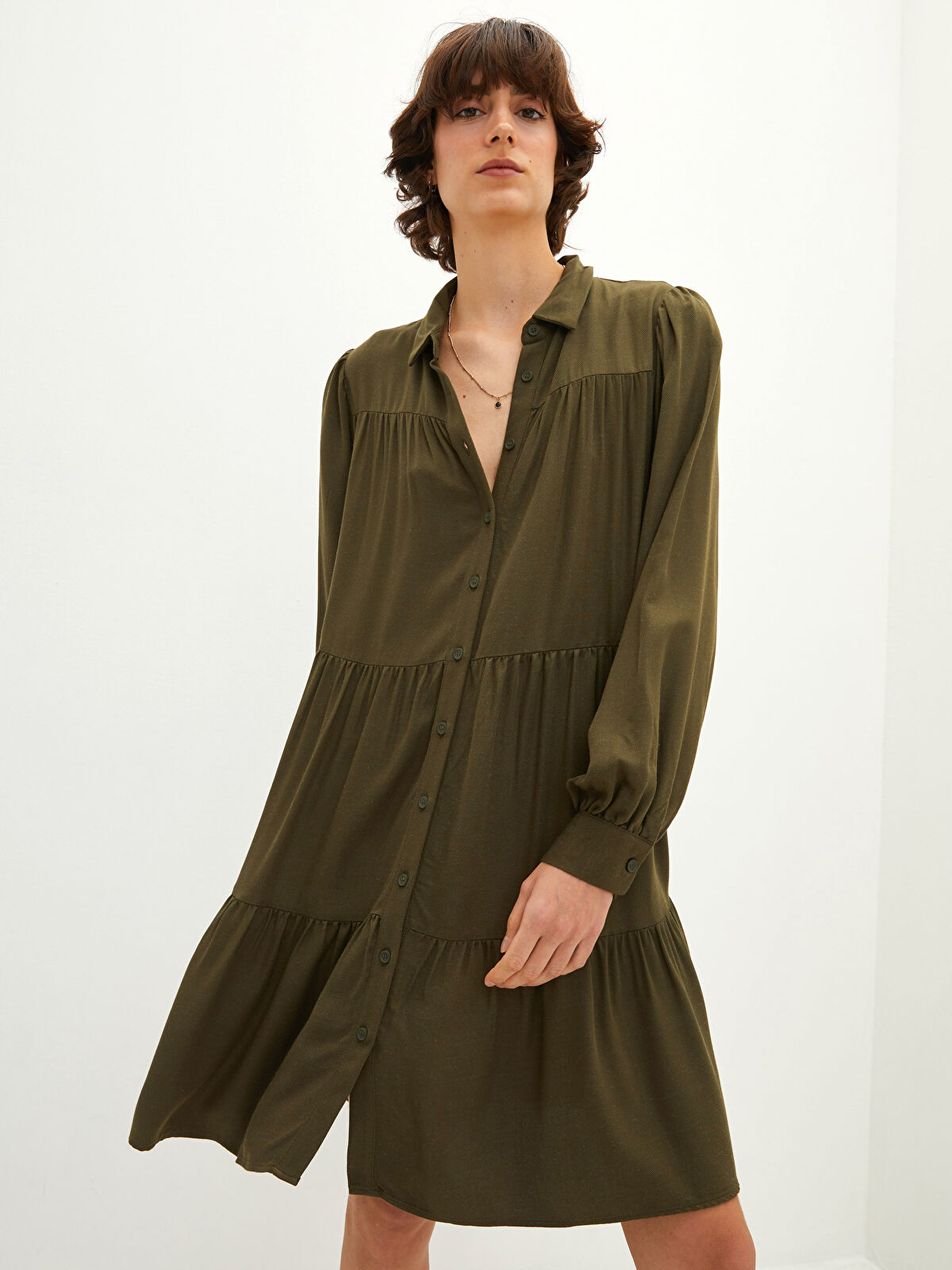 LCW VISION Gömlek Yaka Fırfır Detaylı Uzun Kollu Kadın Elbise