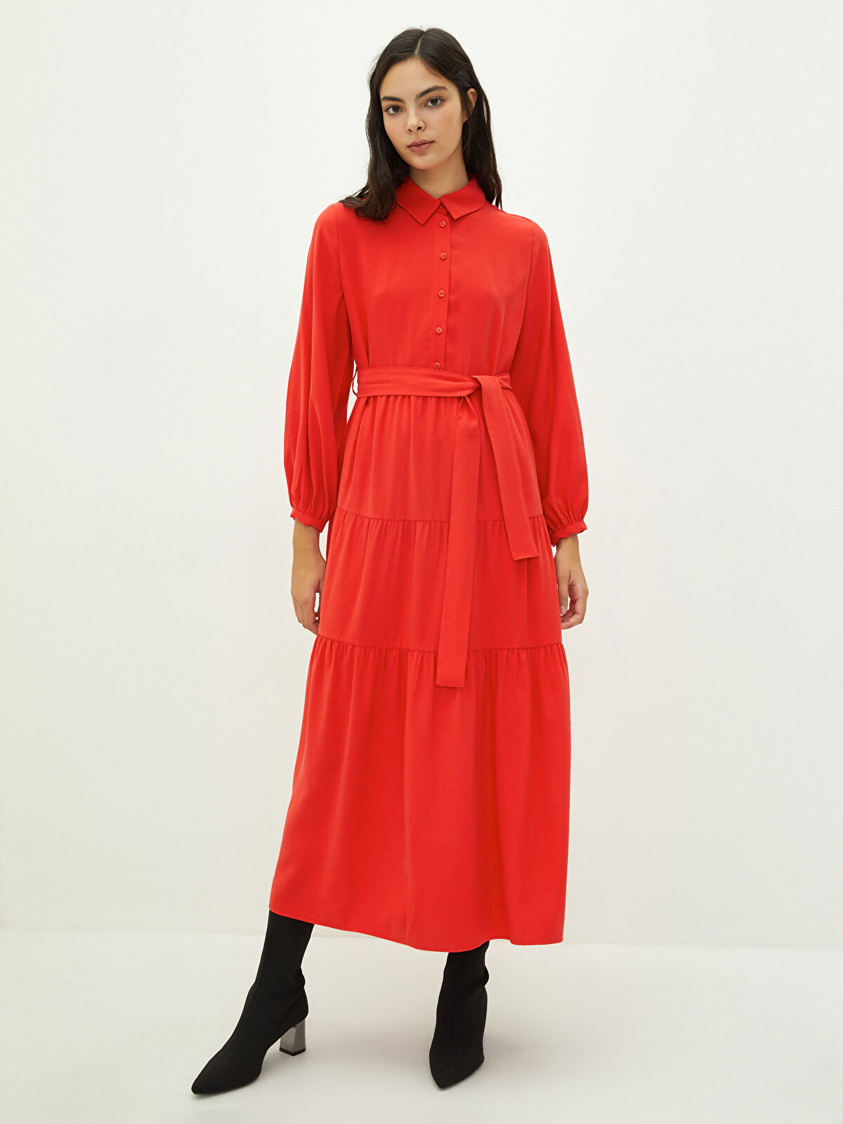 MODEST Gömlek Yaka Desenli Uzun Kollu Beli Kuşaklı Viskon Kadın Elbise