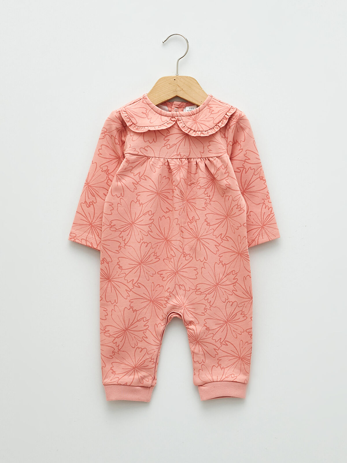 Bebe Yaka Uzun Kollu Baskılı Pamuklu Kız Bebek Tulum