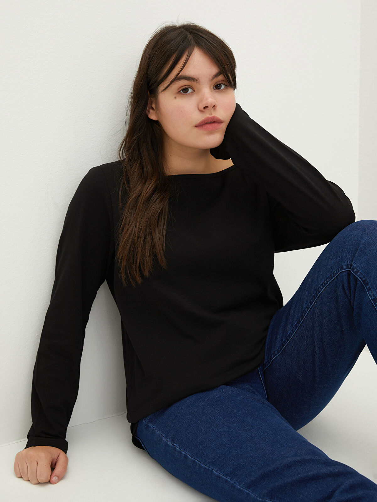 Büyük Beden Bisiklet Yaka Düz Uzun Kollu Kadın Tişört