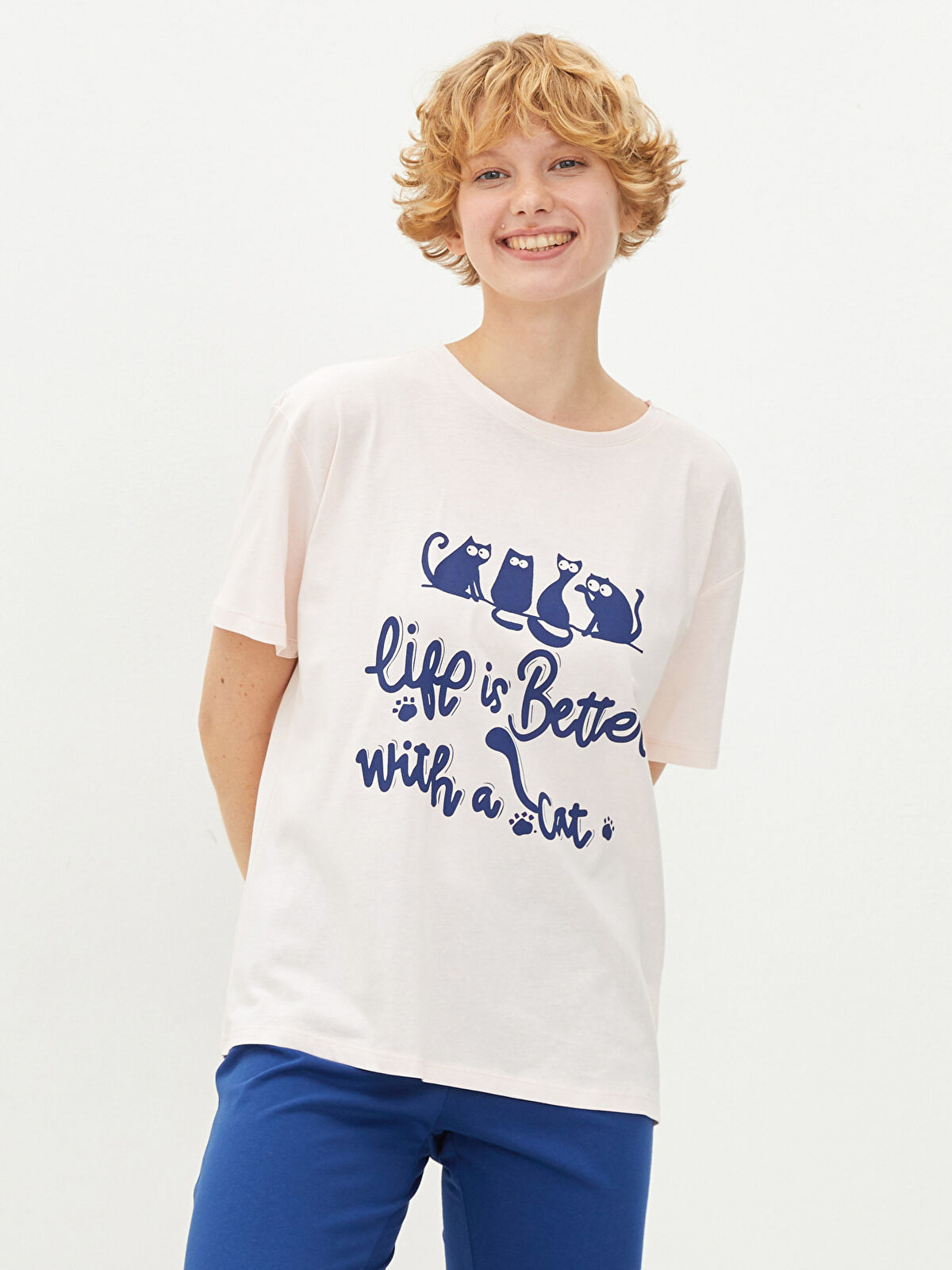 LCW DREAM Bisiklet Yaka Baskılı Kısa Kollu Kadın Pamuklu Pijama Takım