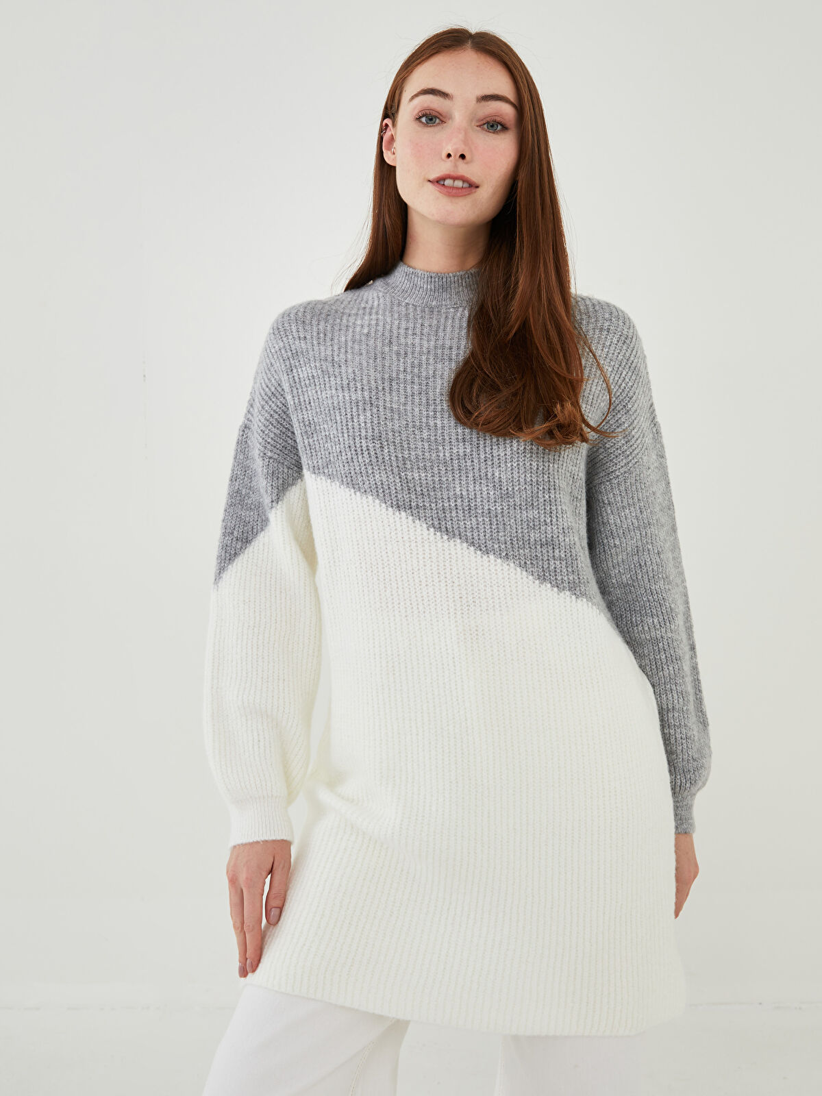 MODEST Yarım Balıkçı Yaka Renk Bloklu Uzun Kollu Kadın Triko Tunik